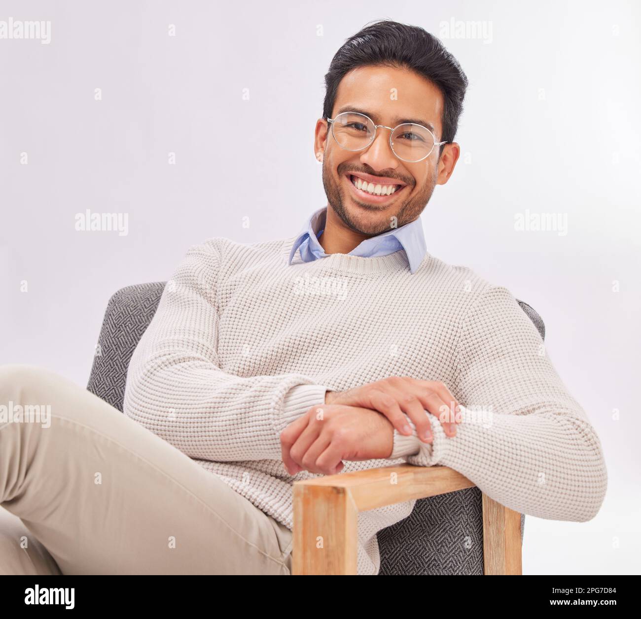 Vision, chair and portrait of businessman for optometry sitting happy ...