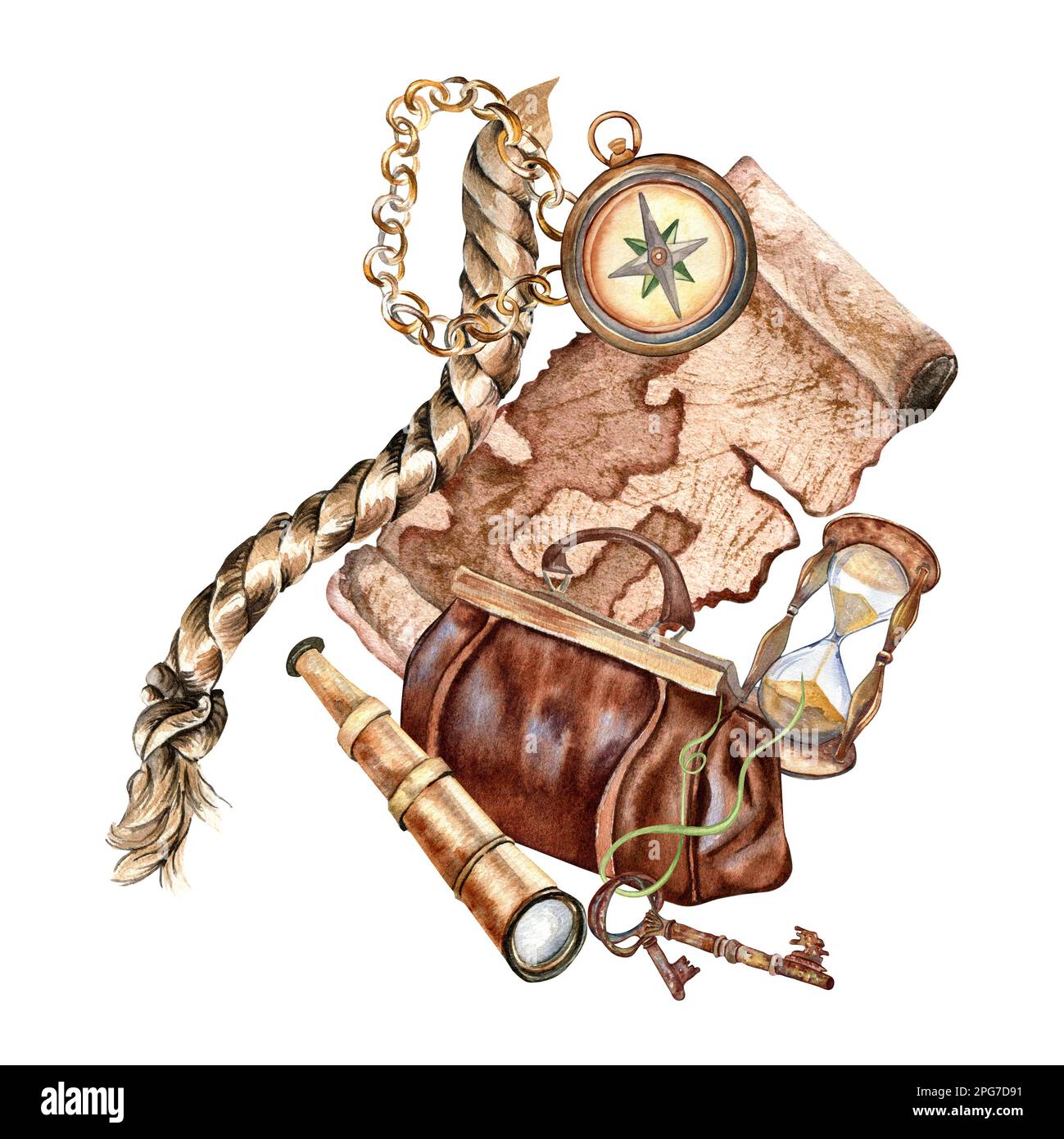 Composition of adventure items vintage style watercolor illustration ...