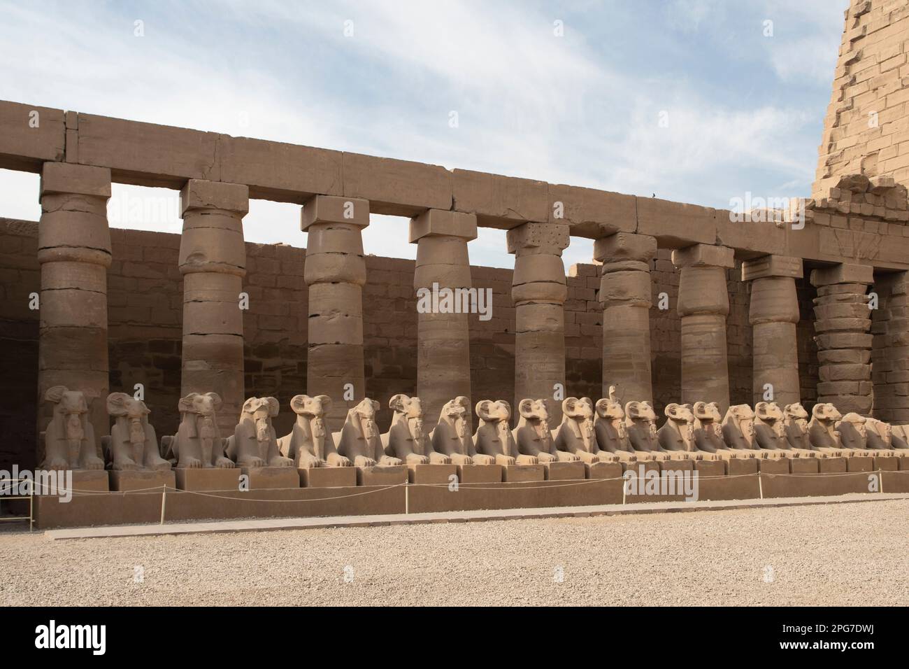 Columns and a Row of Ram Statues at Karnak Temple, Luxor, Egypt Stock ...