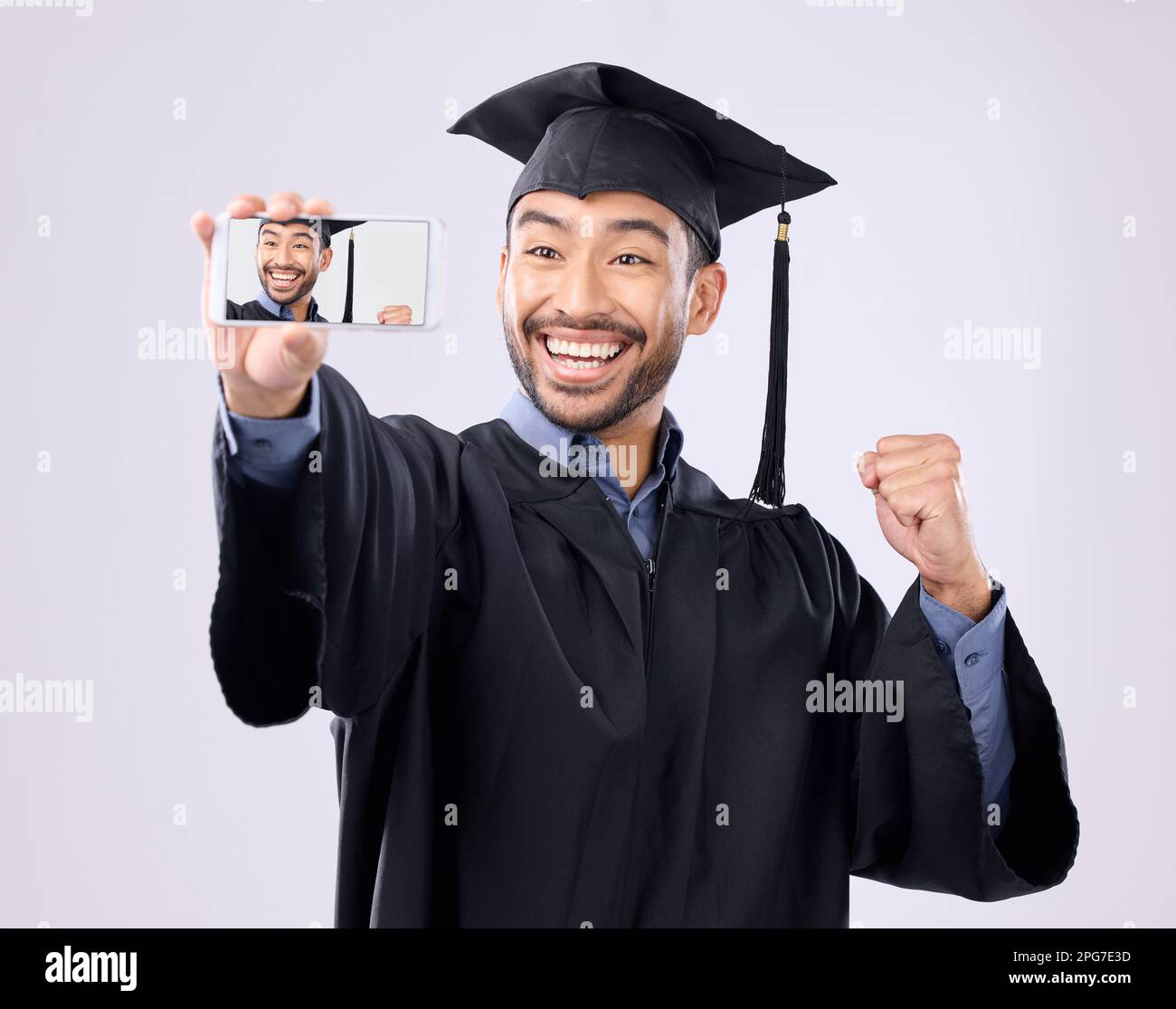 Asian man, selfie and smile for graduation, scholarship or diploma ...