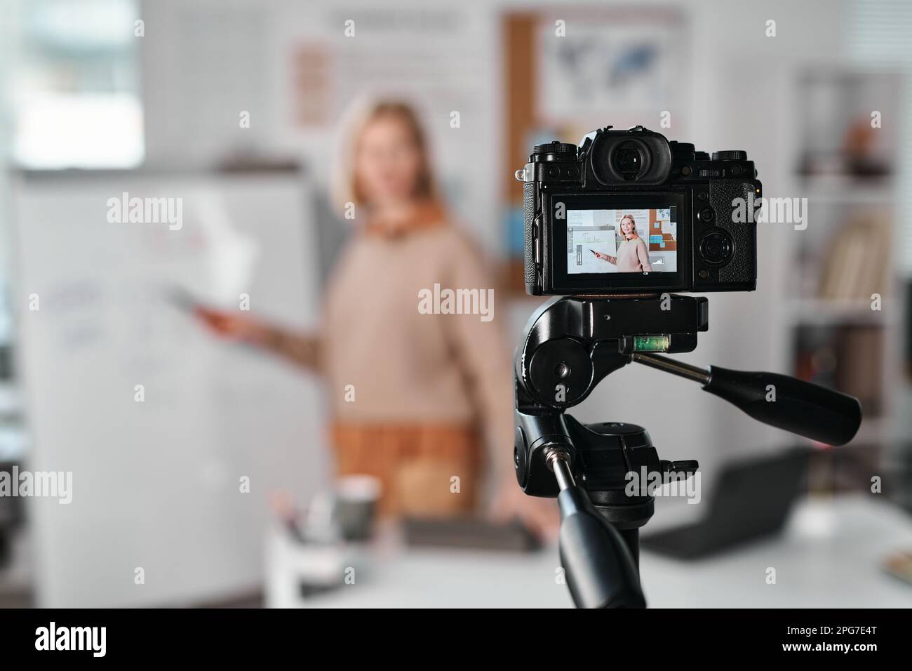 Mature teacher standing near the whiteboard in front of professional ...
