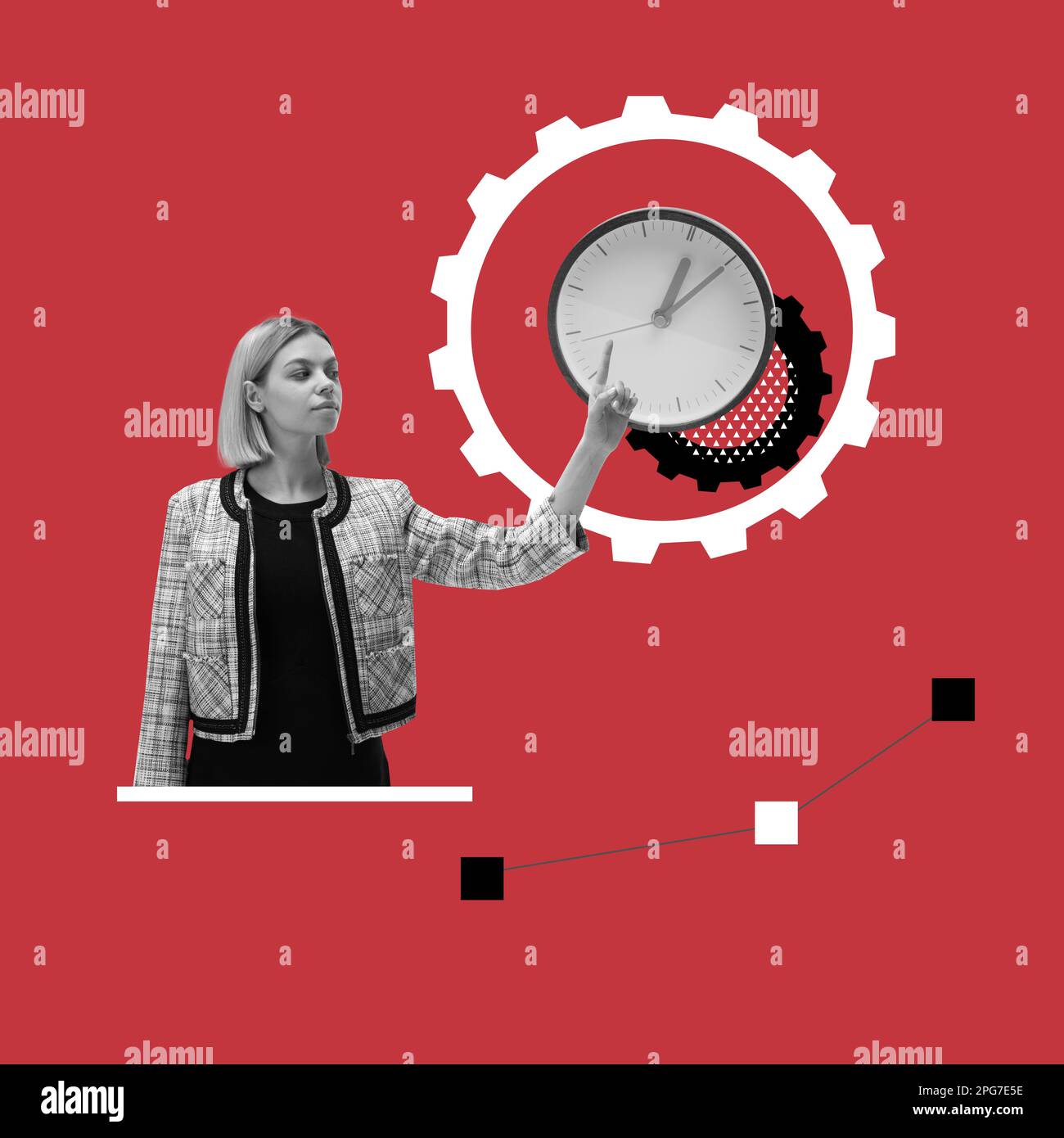 Young woman, office manager pointing at clock meaning project deadlines ...