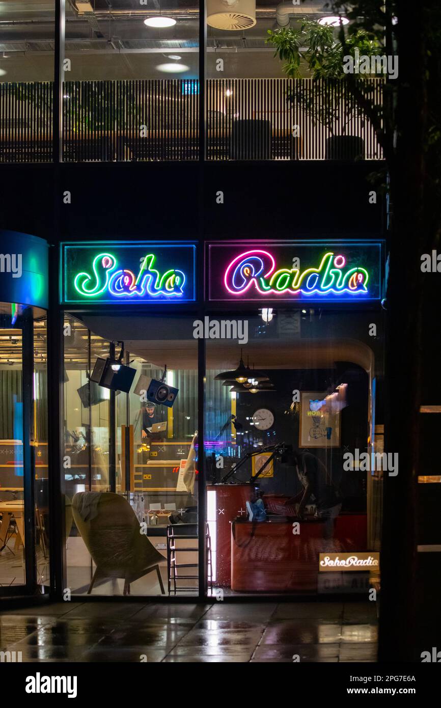 Soho Radio Station offices in Soho, London, on a wet dark rainy night ...