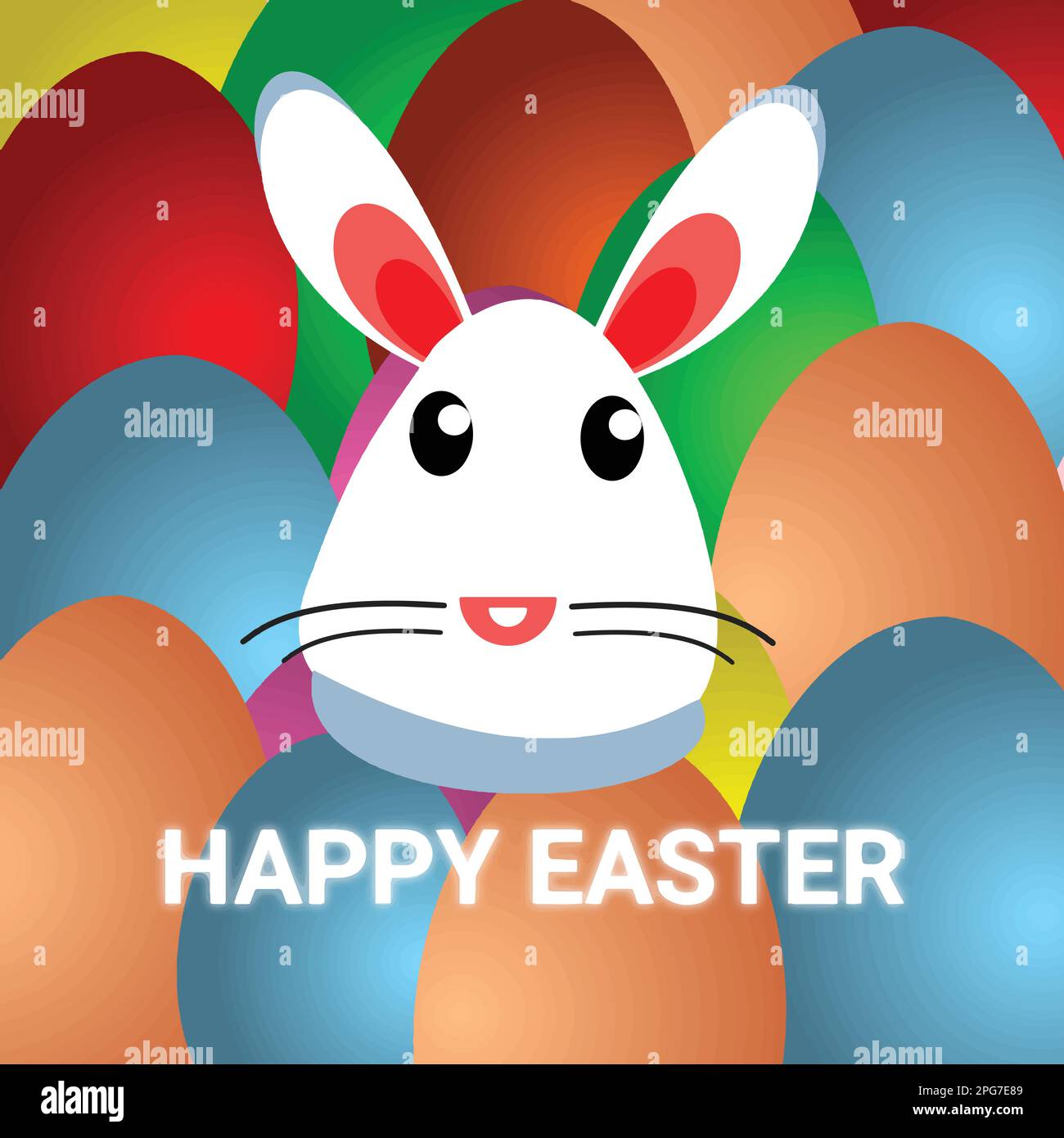 Happy Easter card with rabbit, colored eggs and text. Vector ...