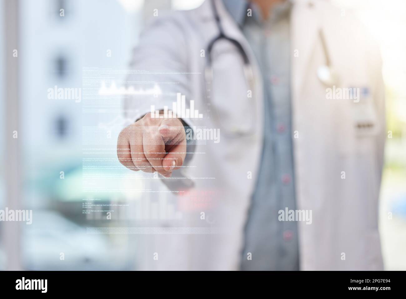 Doctor, data and technology abstract with screen and button, woman touch with hand and analytics ...