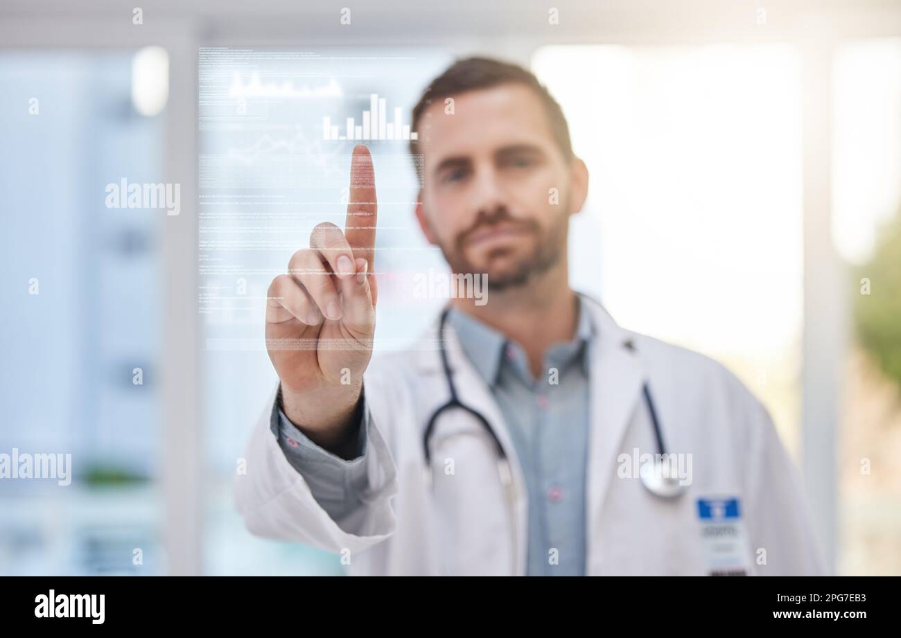 Doctor, data analytics and technology abstract, screen and button, man ...