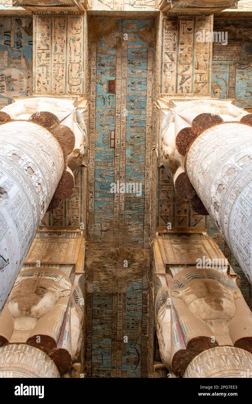 Columns and Ceiling in Temple of Hathor, Dendera, Egypt Stock Photo - Alamy