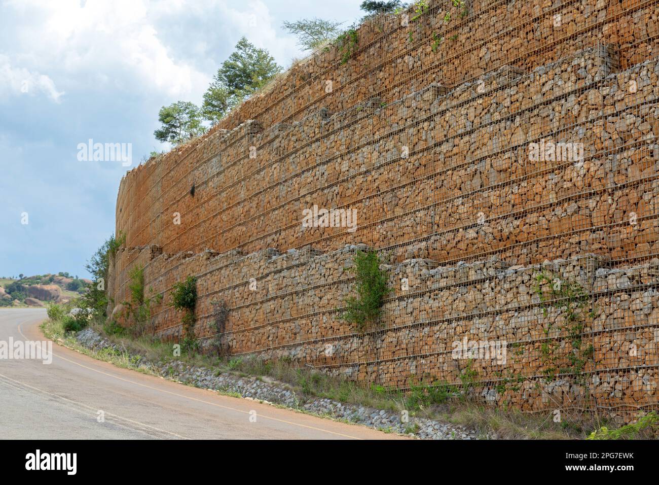 Roadside gabion used to provide stability to a large roadside soil bank ...