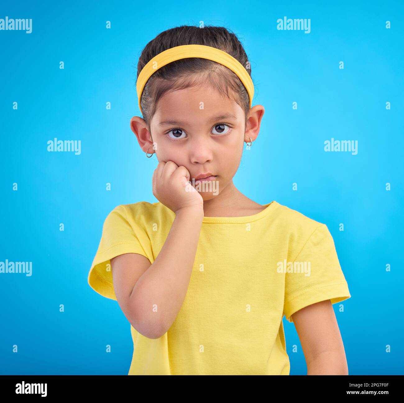 Mockup, portrait and girl with fear, afraid and mental health issue on ...