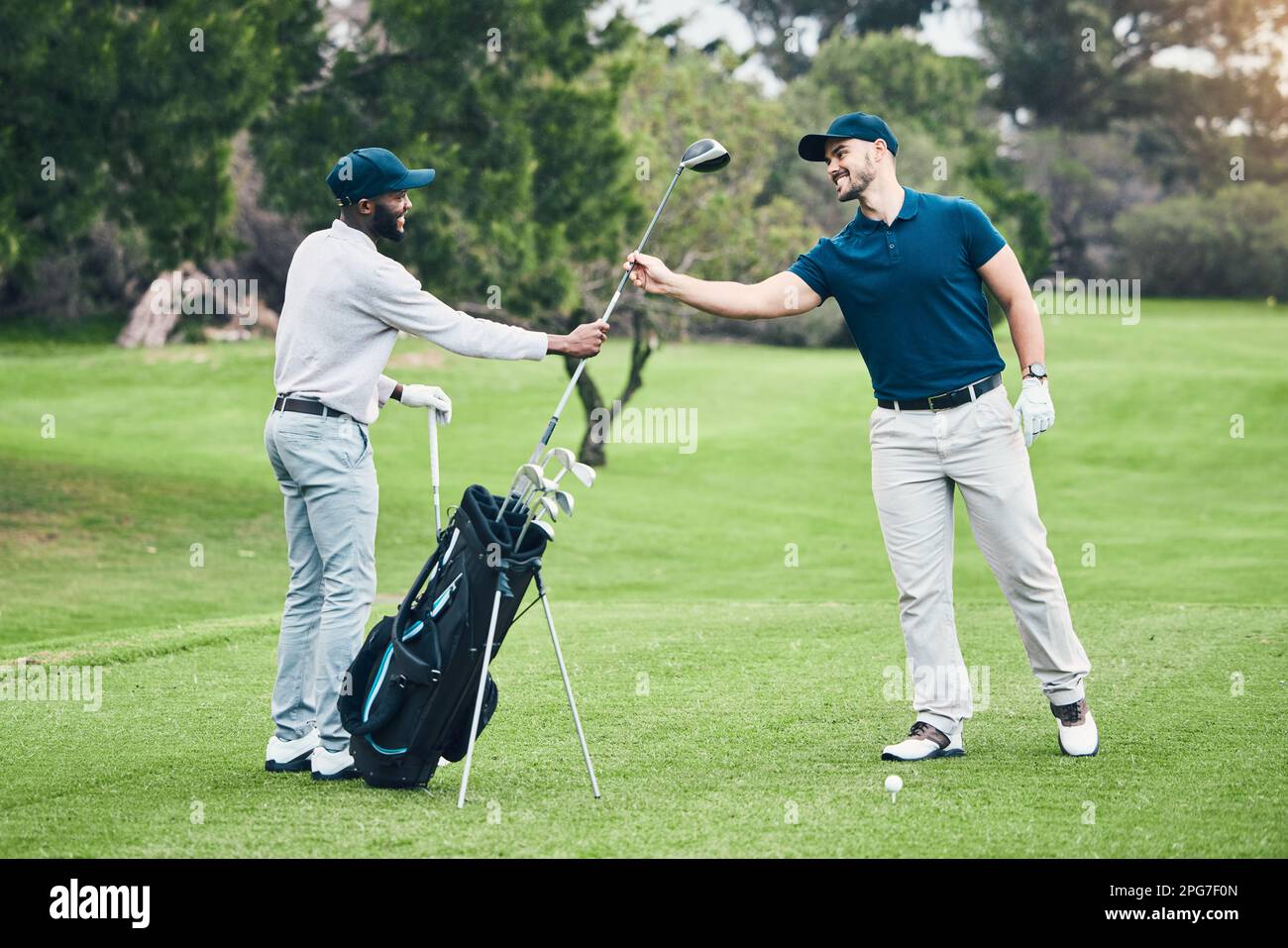 Golf, club and sports with men on course and playing for training ...