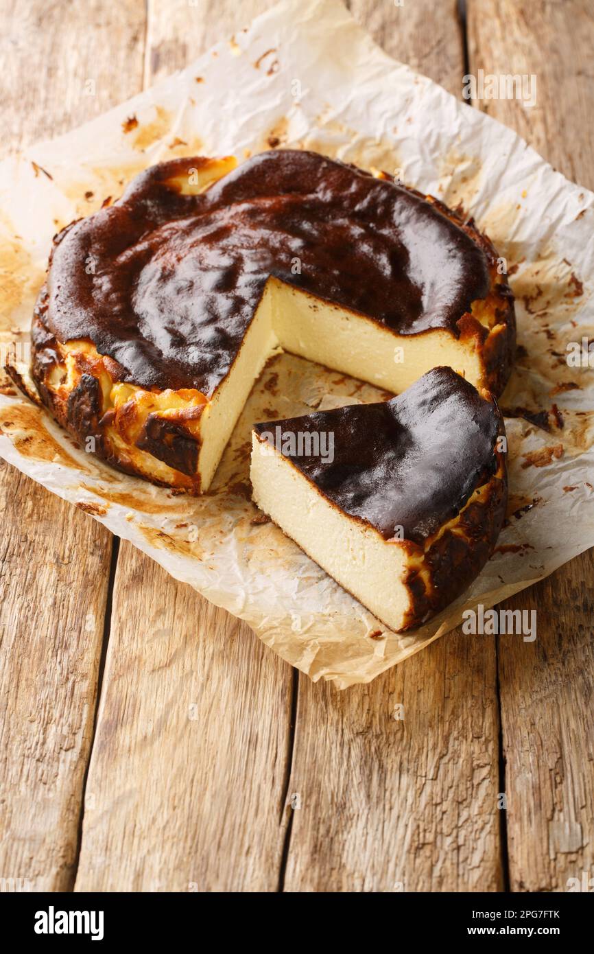 Homemade freshly baked Basque Country Burnt Cheesecake closeup on the ...