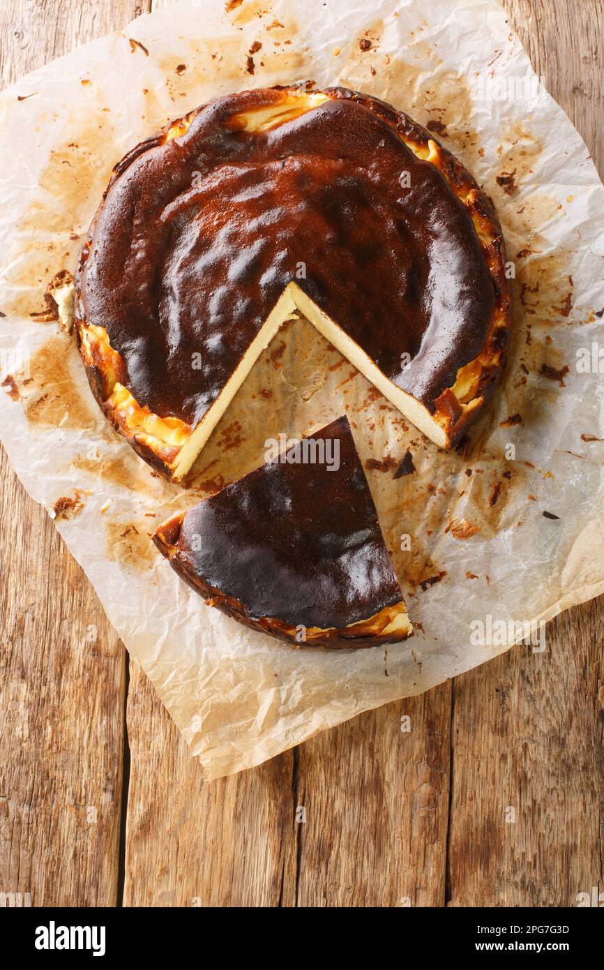 Homemade freshly baked Basque Country Burnt Cheesecake closeup on the ...