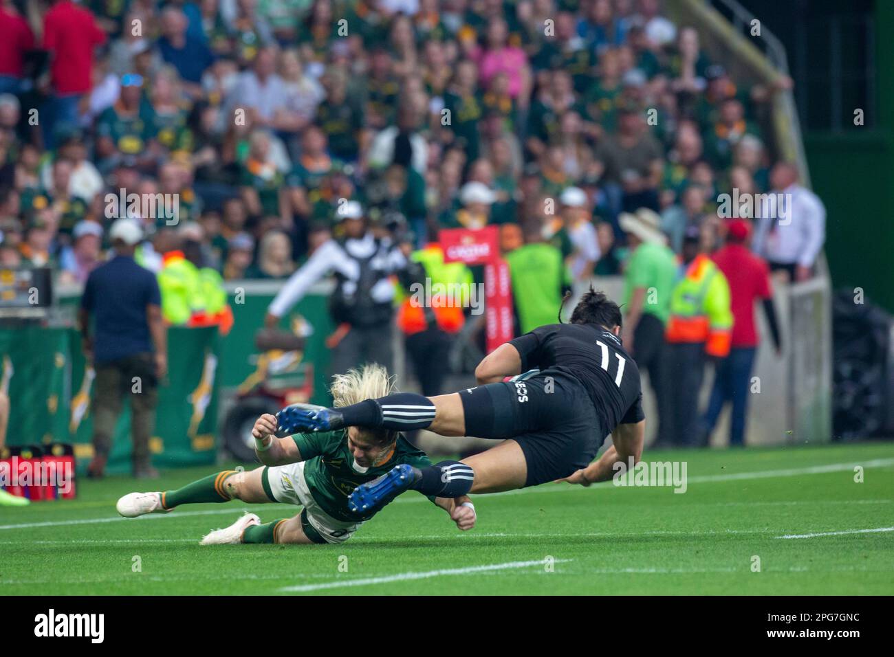 Faf de Klerk clashes with Sevu Reece during the Castle Lager Rugby ...