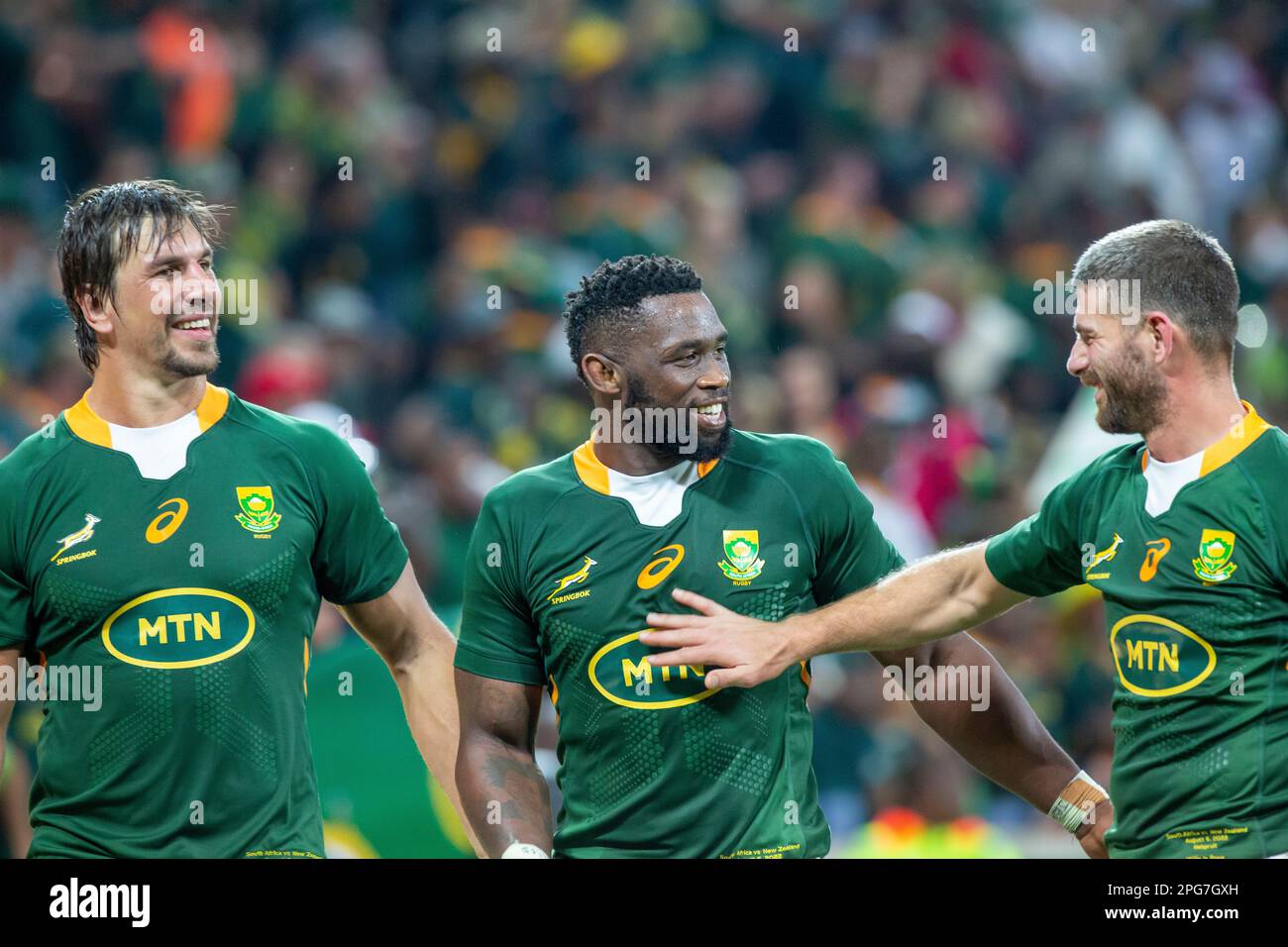 A smiling Siya Kolisi with Eben Etzebeth and Willie le Roux after beating the All Blacks at the ...