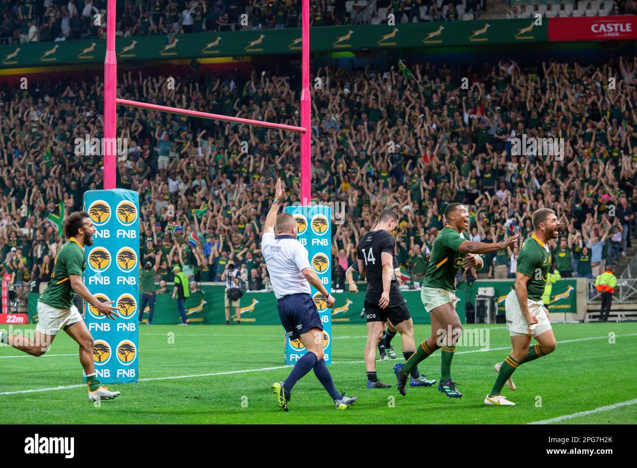 Damian Willemse and Jaden Hendrikse celebrate Willie Le Roux try during ...