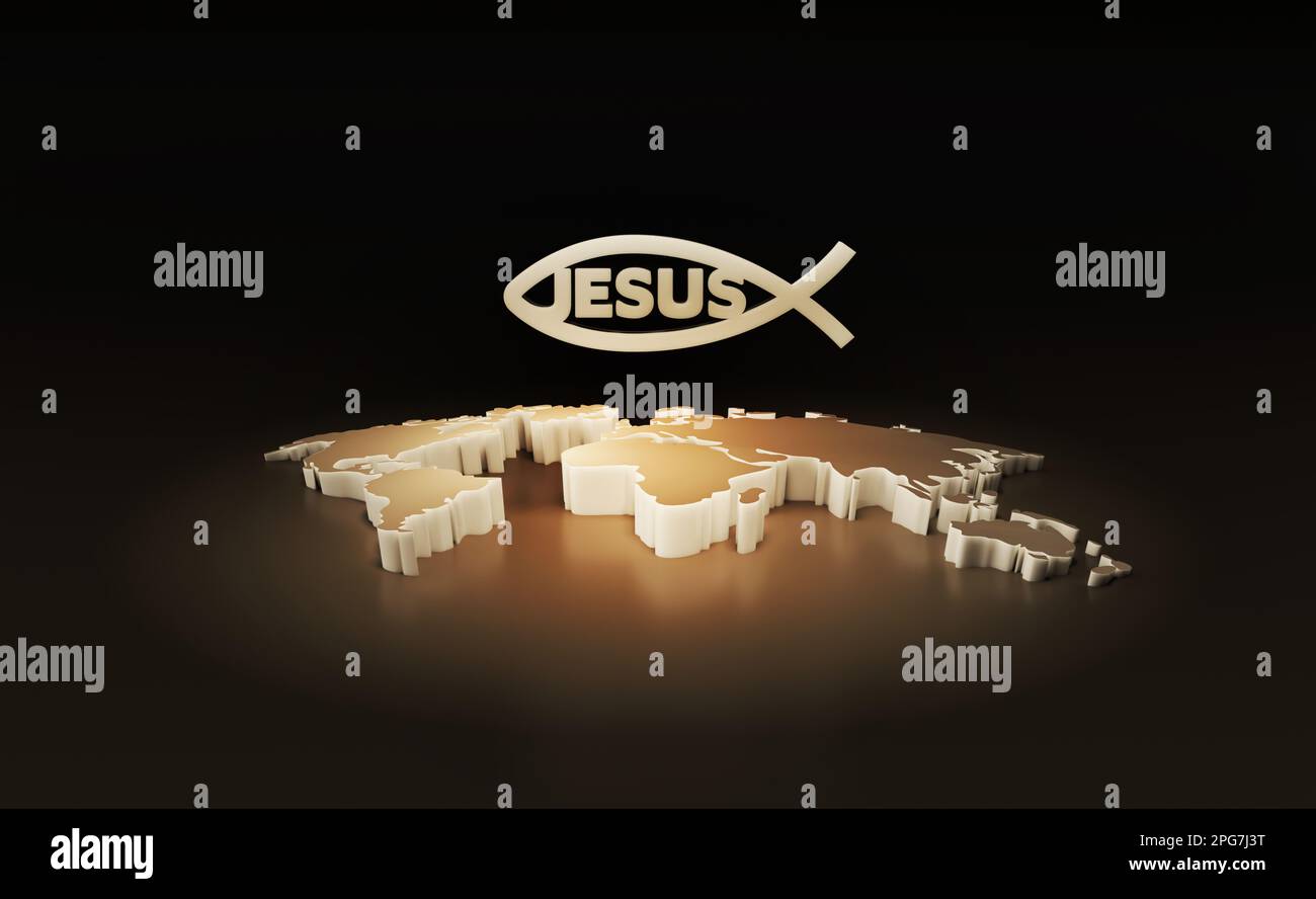 Fish shape ichthys symbolizing Christian and world map Global mission ...