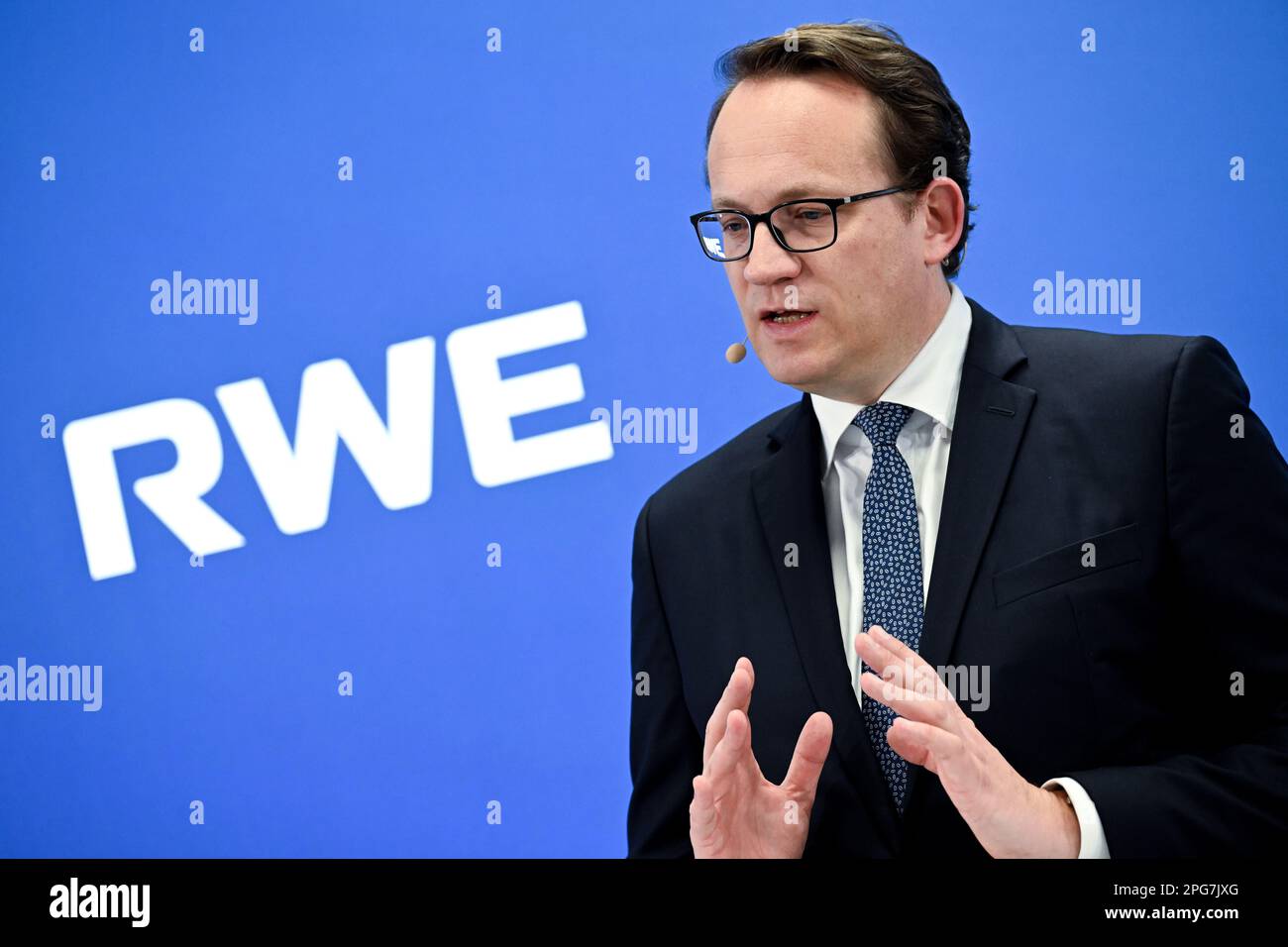 Essen, Germany. 21st Mar, 2023. Markus Krebber, CEO of RWE AG, answers ...
