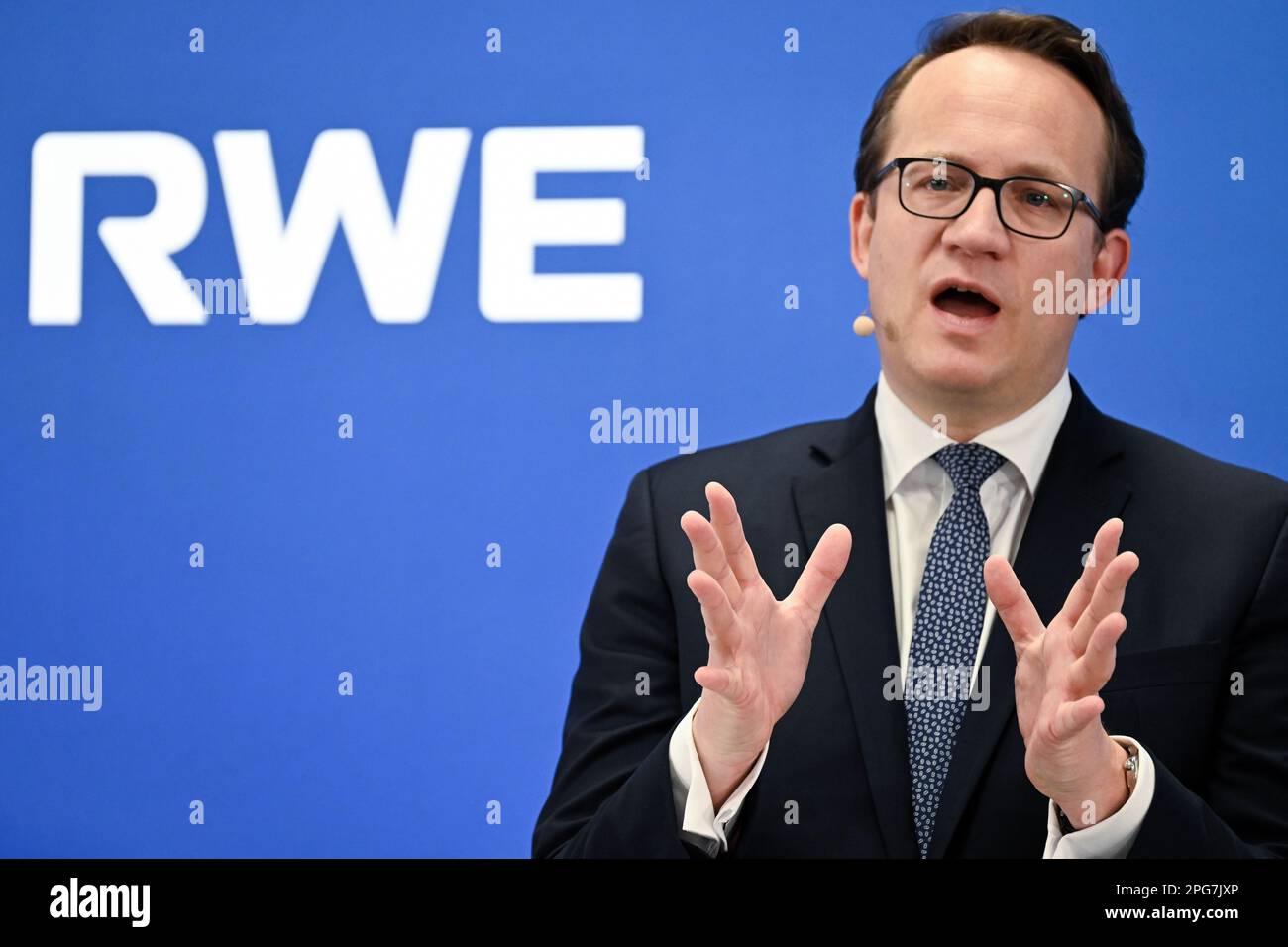 Essen, Germany. 21st Mar, 2023. Markus Krebber, CEO of RWE AG, answers questions from ...