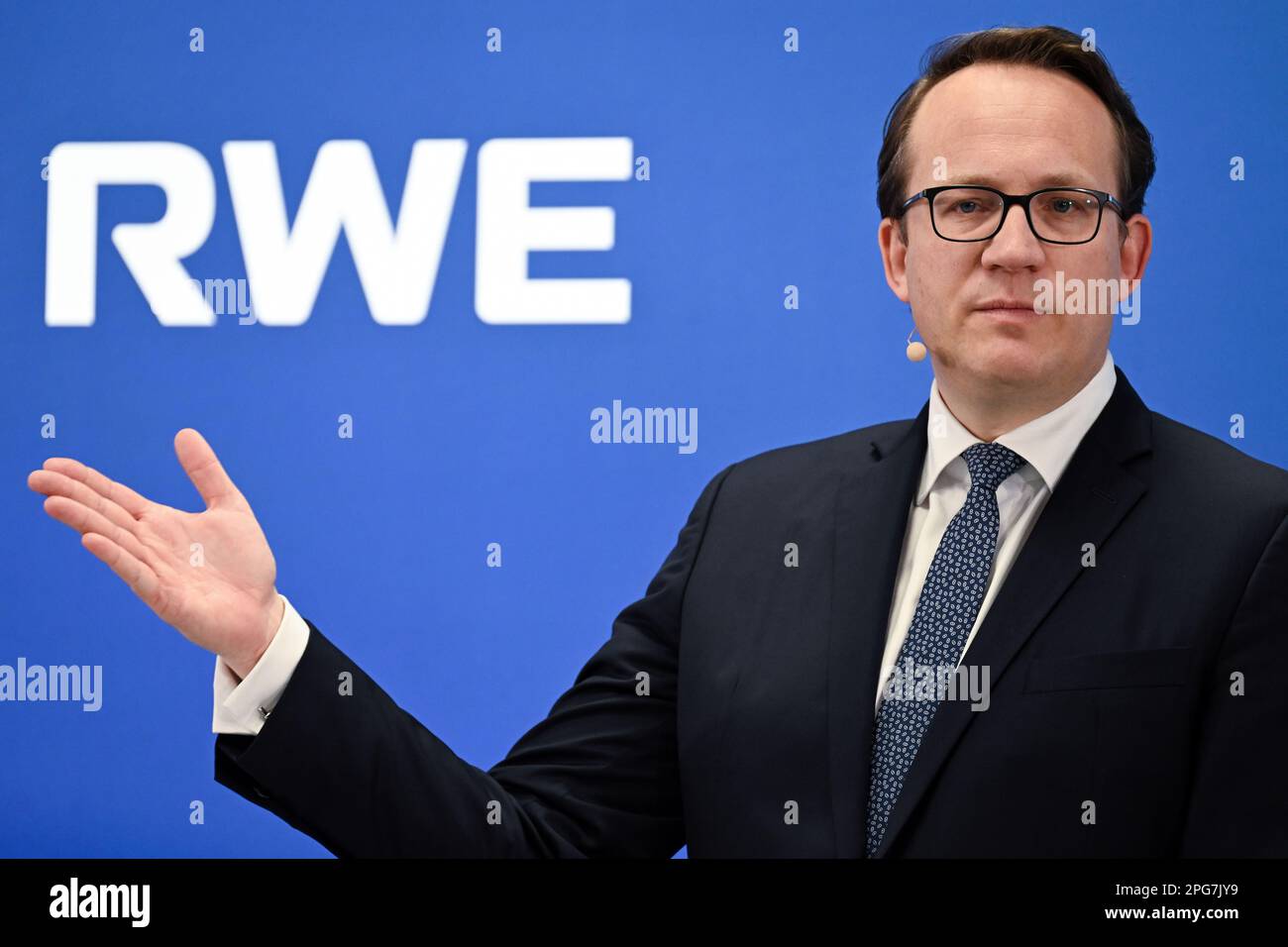 Essen, Germany. 21st Mar, 2023. Markus Krebber, CEO of RWE AG, answers ...