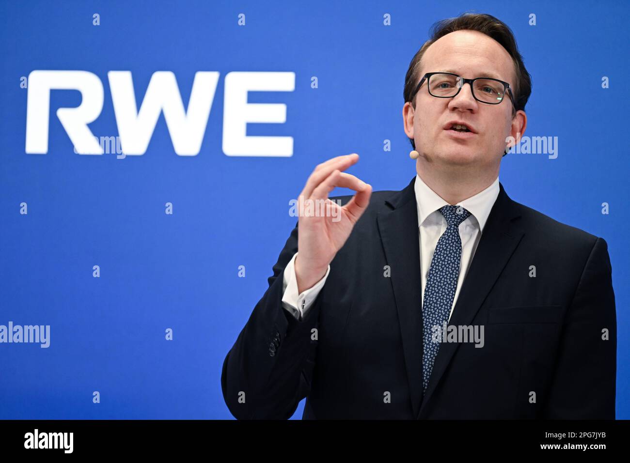 Essen, Germany. 21st Mar, 2023. Markus Krebber, CEO of RWE AG, answers ...
