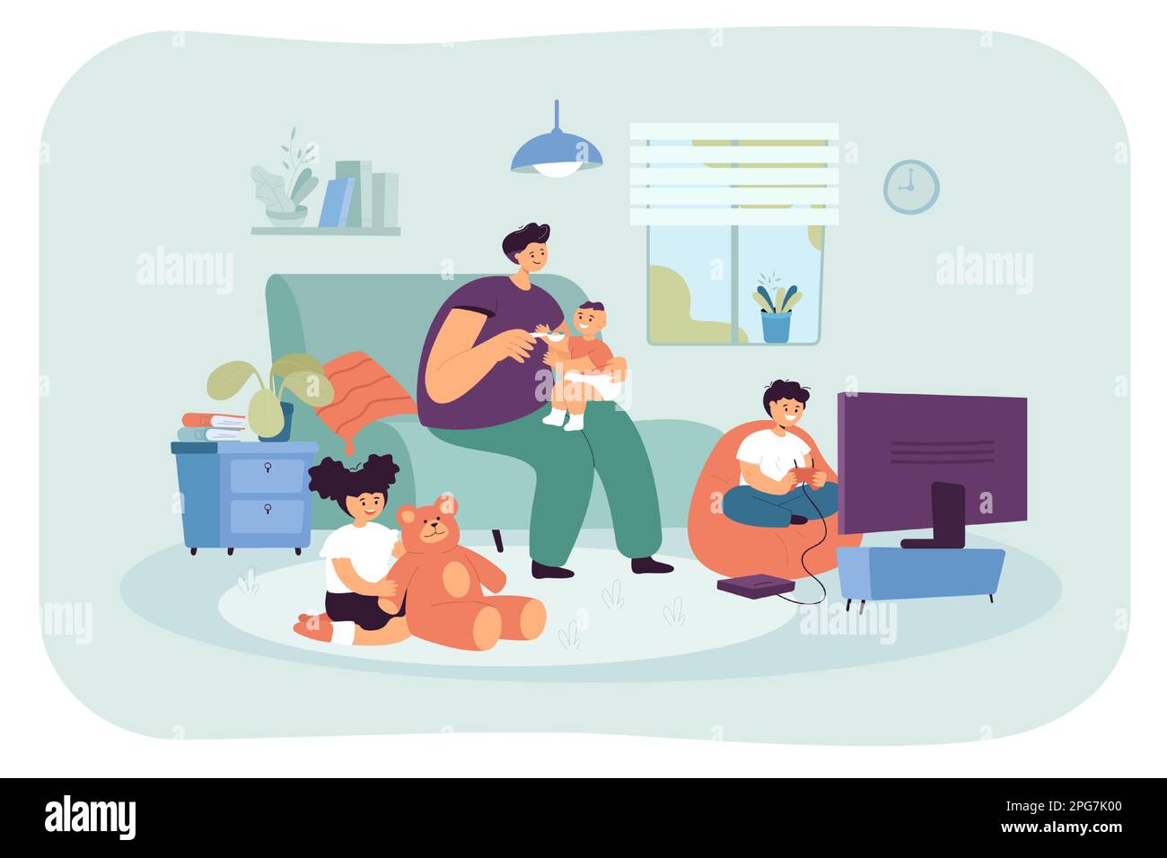 Happy single cartoon dad giving food to little son Stock Vector Image ...