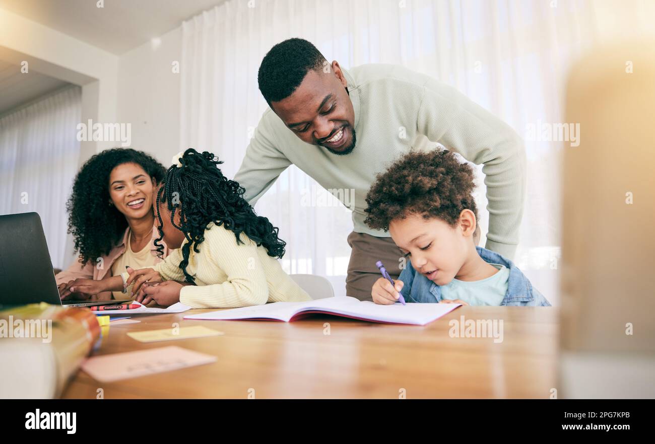 Writing, drawing and parents with children for homework, school ...