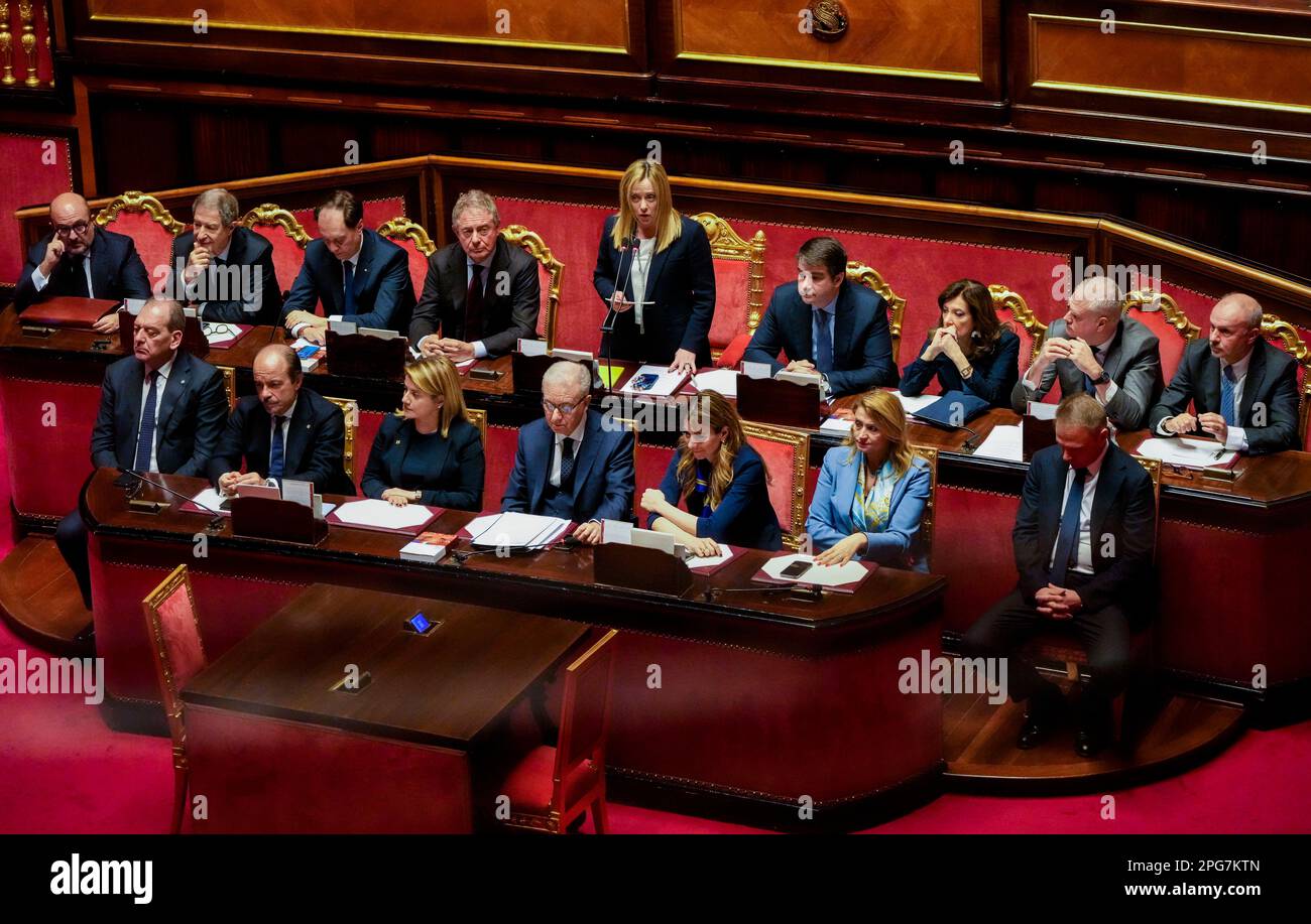 Italian Premier Giorgia Meloni, standing at center of cabinet ministers ...