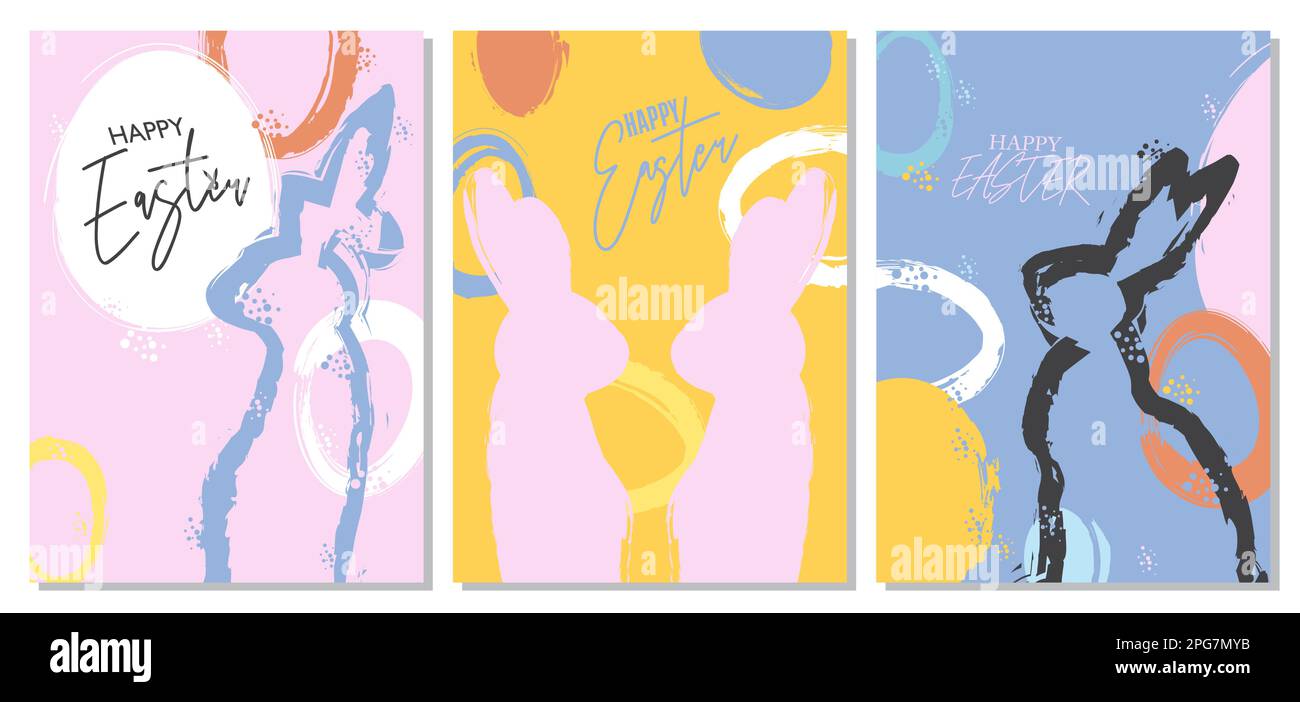 Happy Easter Poster Set with big rabbit and eggs. Elegant Holiday ...