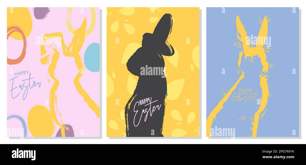 Happy Easter Poster Set with big rabbit and eggs. Elegant Holiday ...