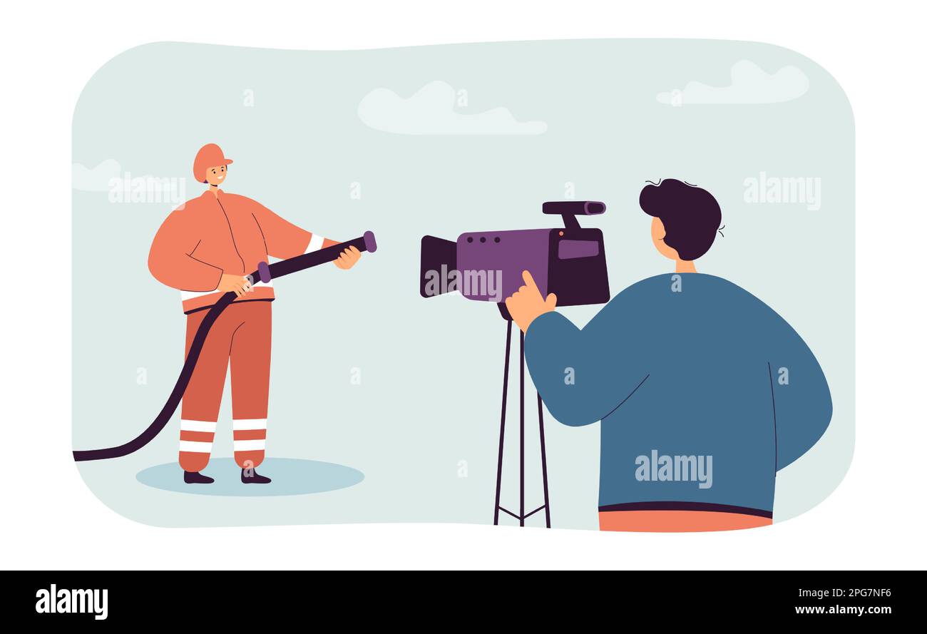 Back view of cameraman filming fireman holding fire hose Stock Vector ...