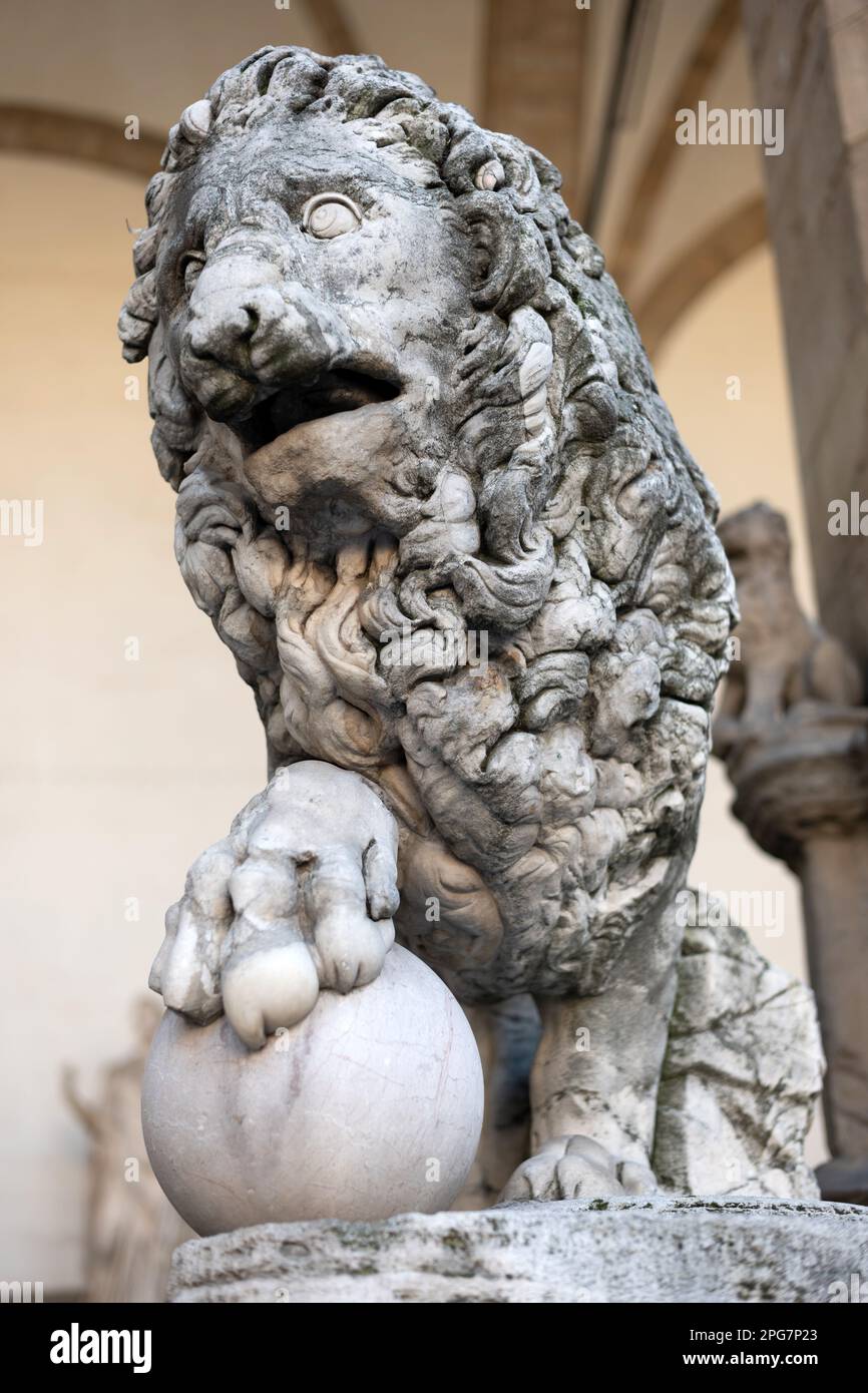 One of the Medici lions flanking the steps into the Loggia della ...