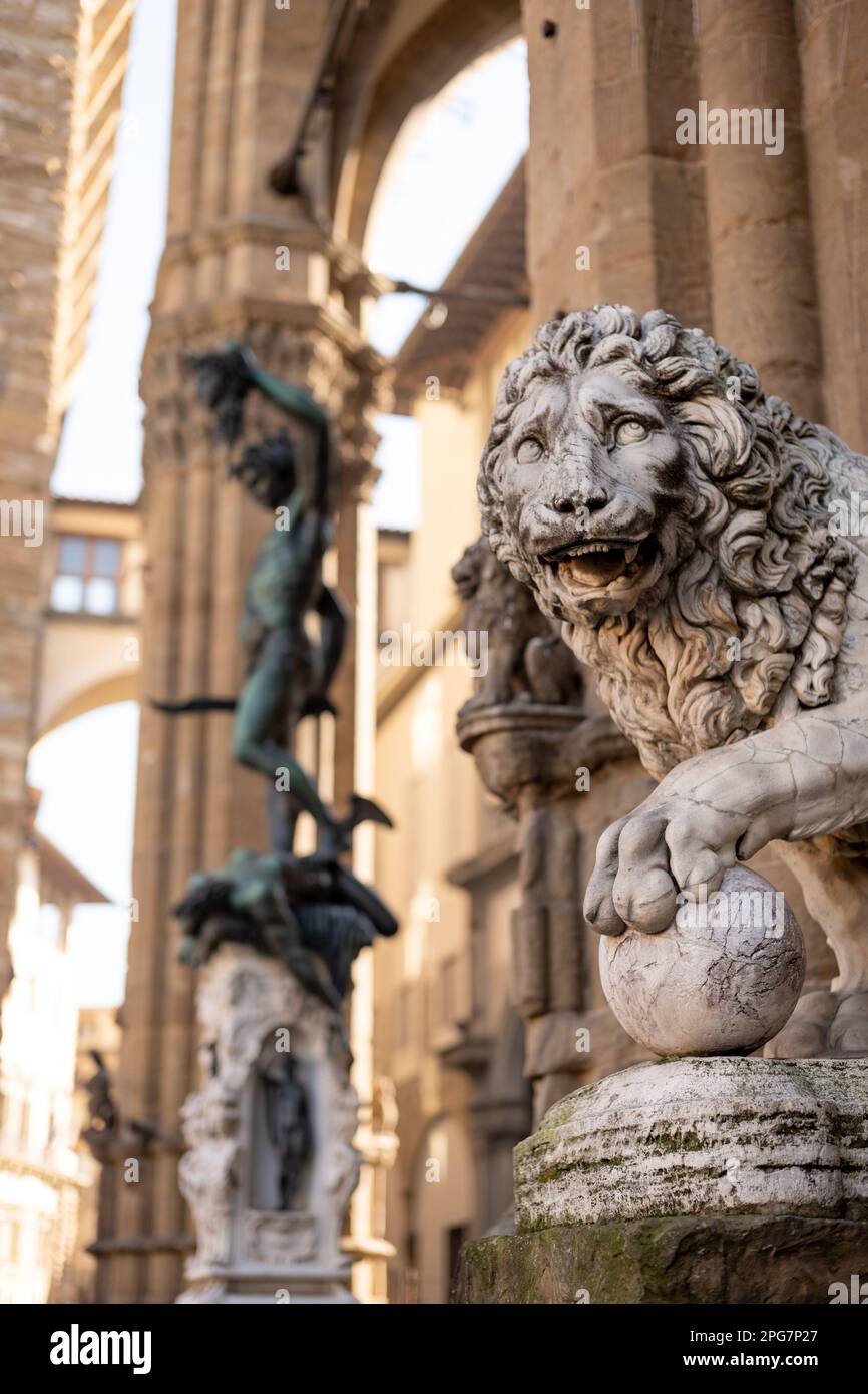 One of the Medici lions flanking the steps into the Loggia della ...