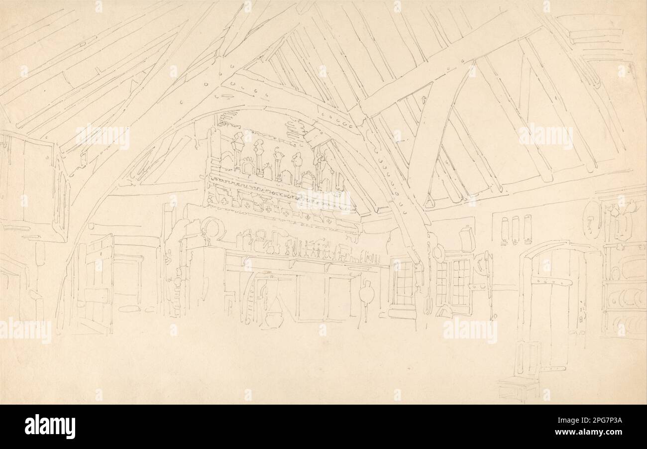 Stokesy Castle: Interior of a Raftered Hall circa 1800 by Thomas Girtin ...
