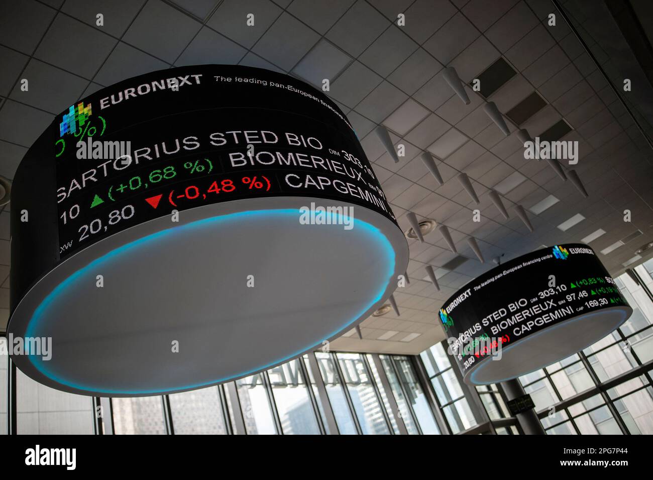 Paris, France. 21st Mar, 2023. Stock price information displayed above ...