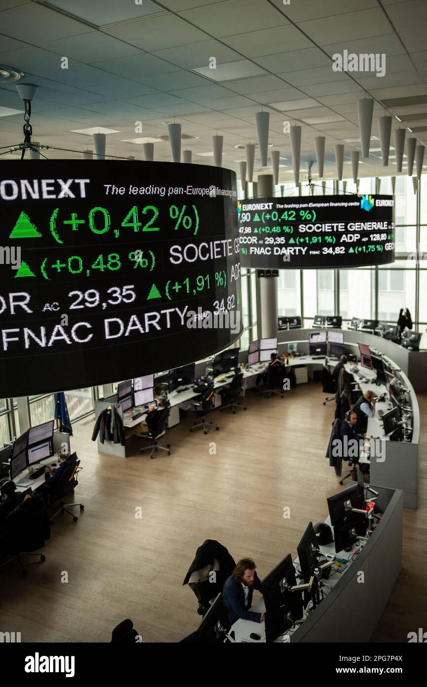 Paris, France. 21st Mar, 2023. Stock price information displayed above ...