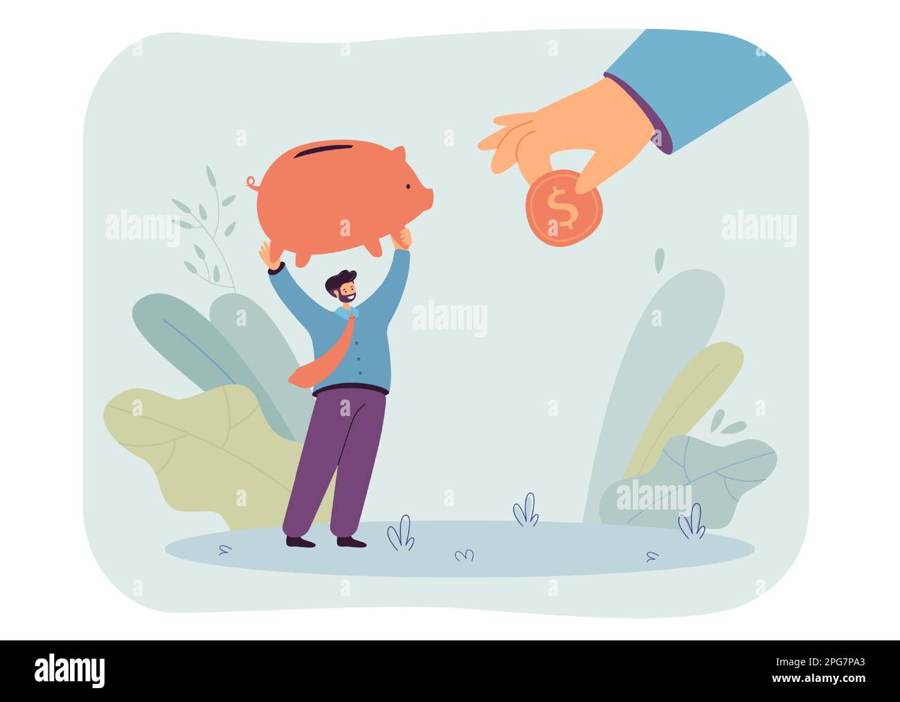 Hand giving coin to man with still bank flat vector illustration Stock ...