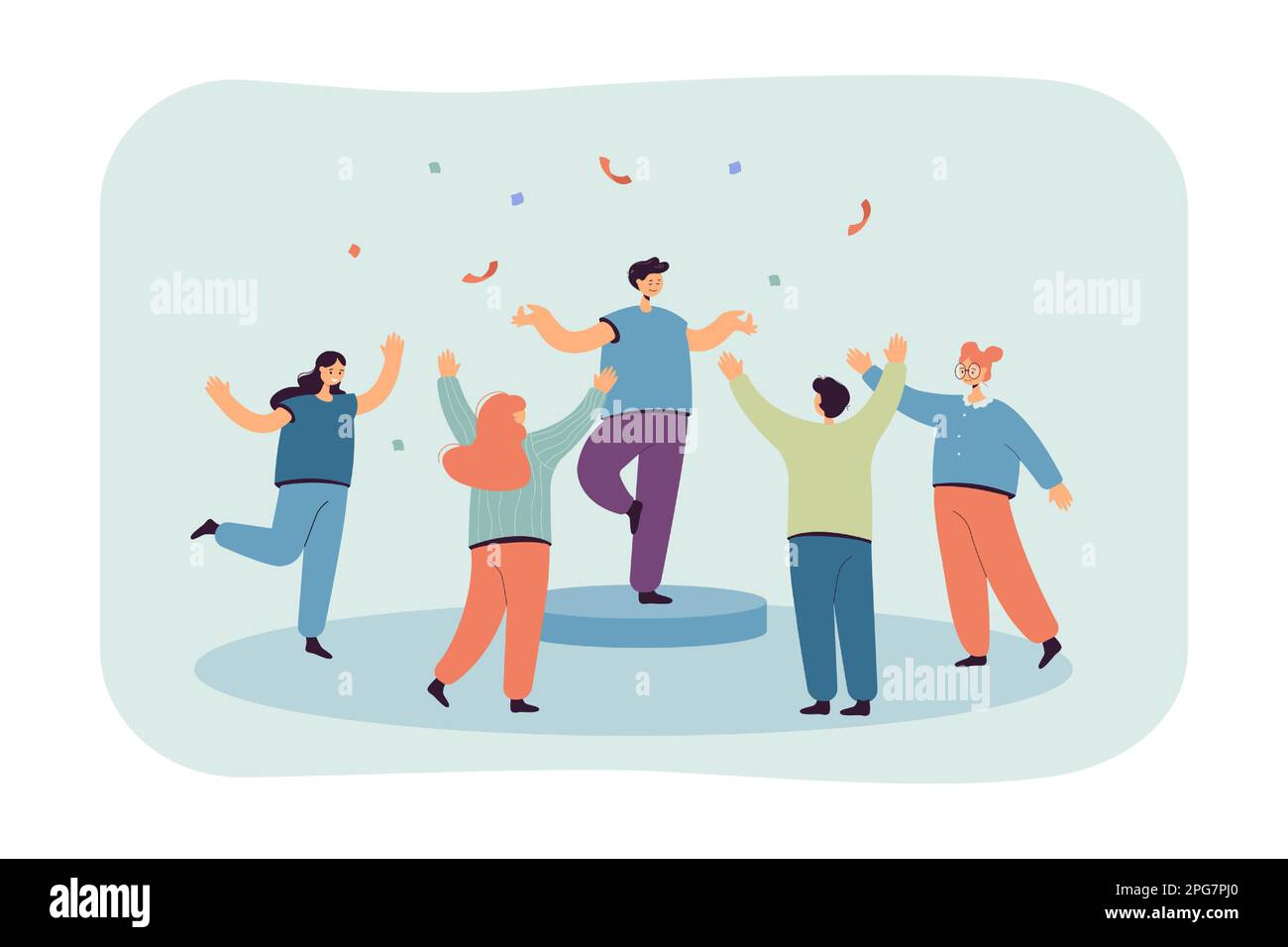 Leader standing on one foot surrounding by his team Stock Vector Image ...