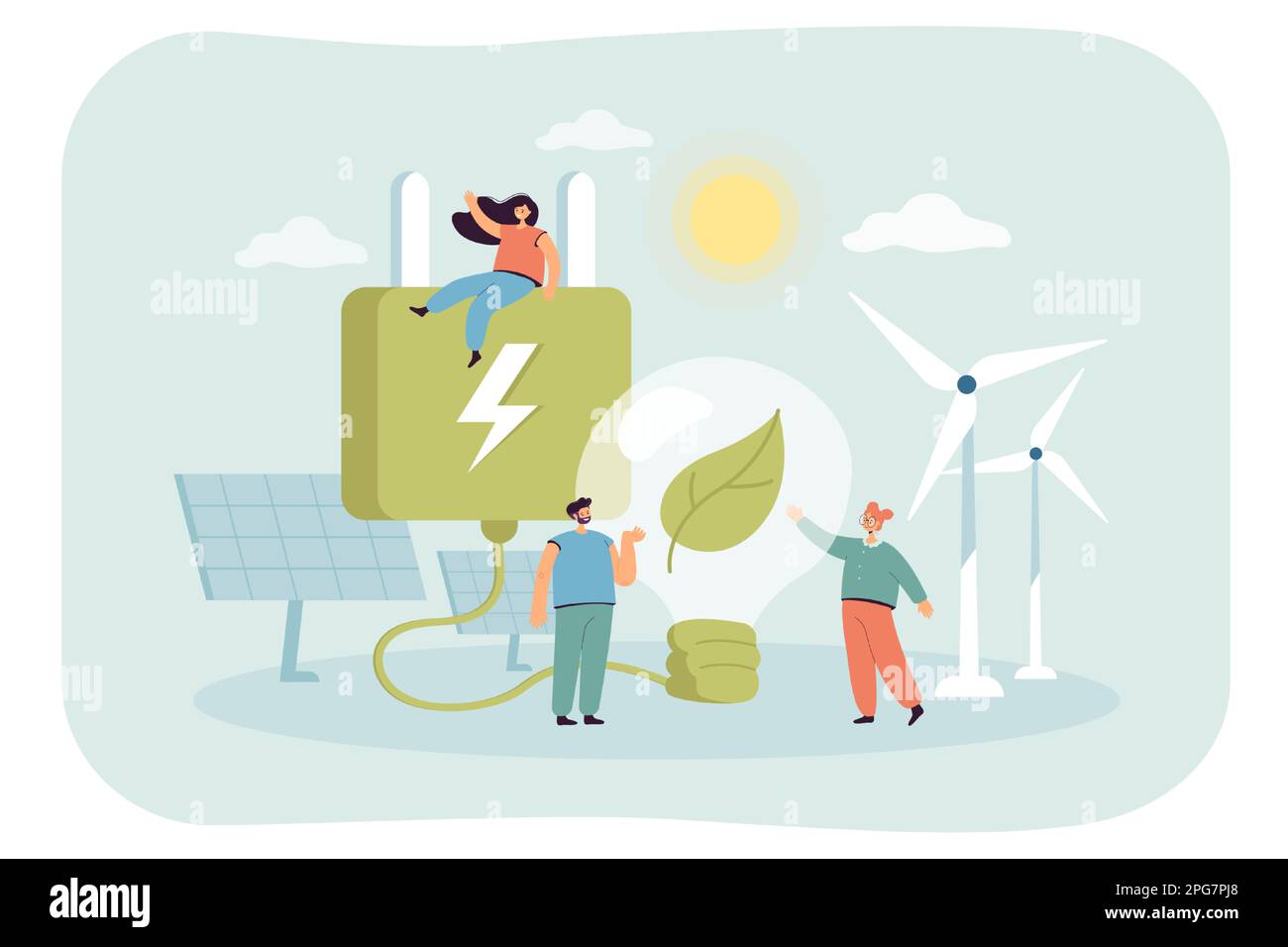 Tiny characters in village with windmills and solar panels Stock Vector ...