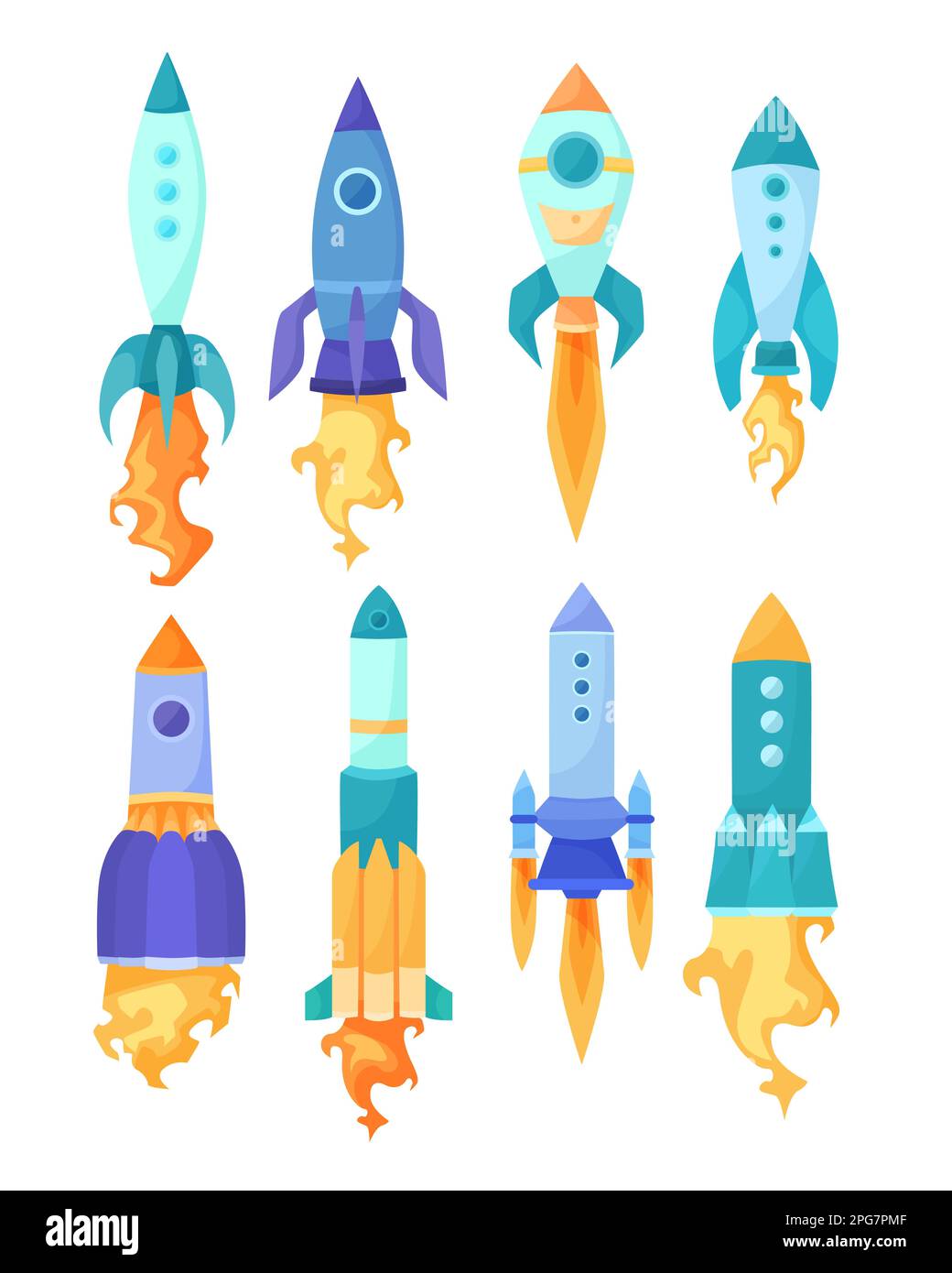 Reactive rockets firing flame and fire cartoon collection set Stock ...