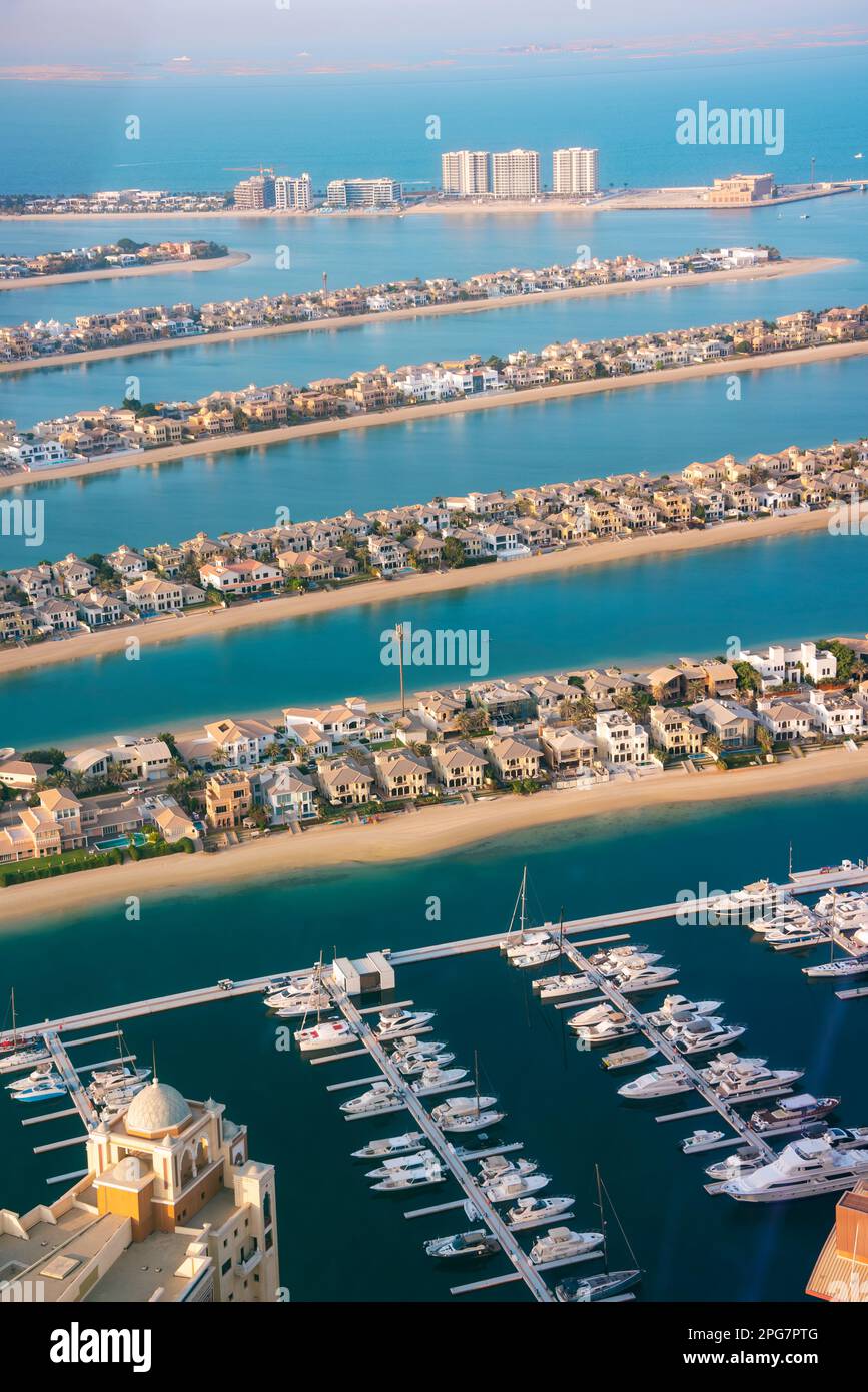 Palm Jumeirah island in Dubai on sunset, modern architecture, beaches ...