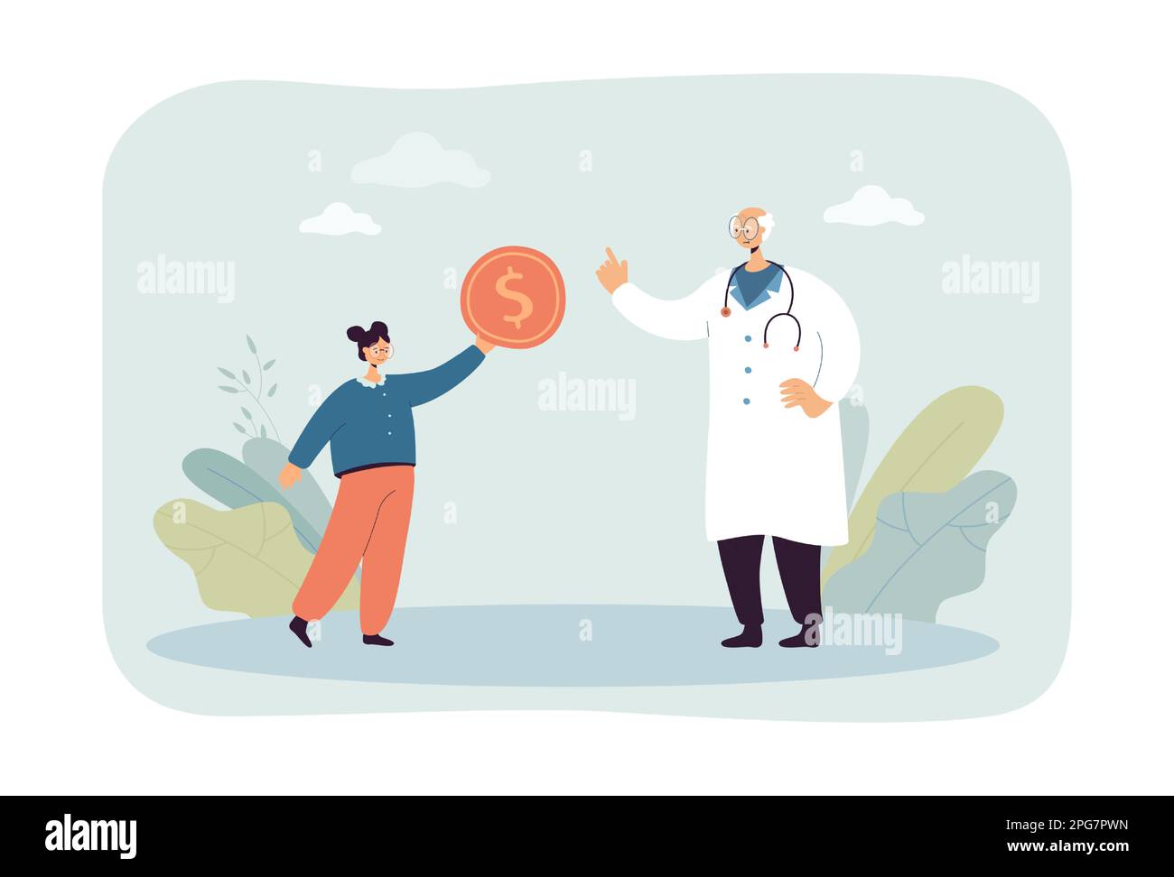 Girl giving gold coin to doctor flat vector illustration Stock Vector ...