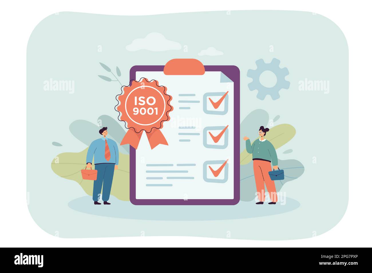 Tiny cartoon office people standing next to ISO certificate Stock ...