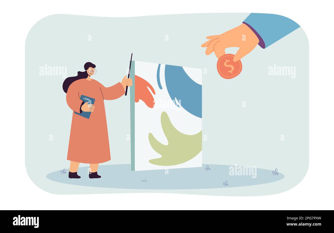 Huge hand giving gold coin to artist flat vector illustration Stock ...