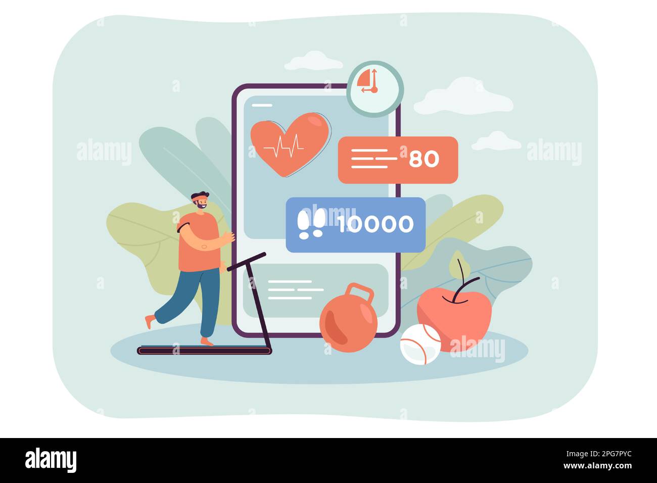 Training app and tiny cartoon man exercising on treadmill Stock Vector ...