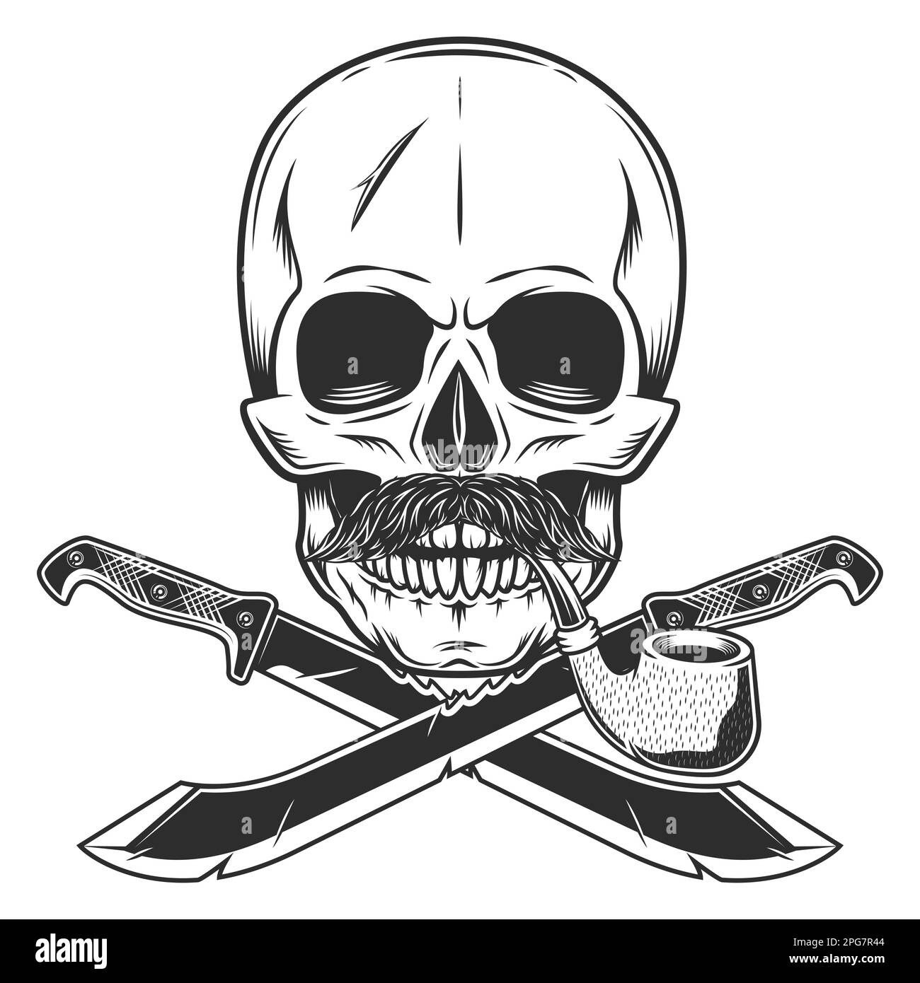 Skull smoking pipe and mustache with crossed machete sharp knife and ...
