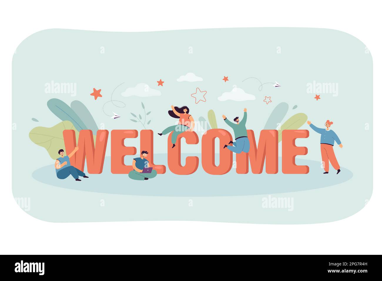 Team of tiny happy office people with huge welcome word Stock Vector Image & Art - Alamy