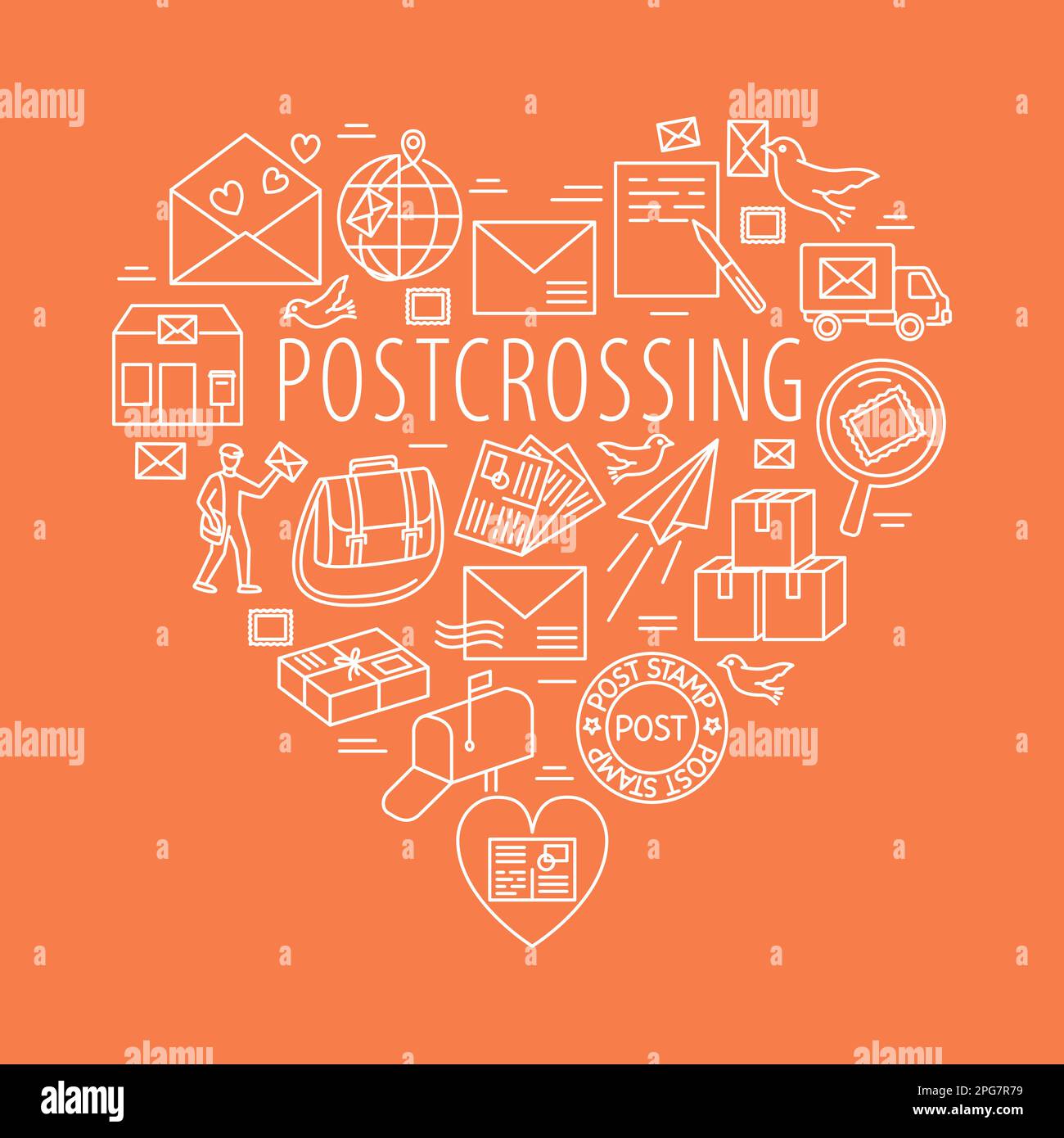 Postcrossing banner in line style. Heart shaped poster about post cards ...