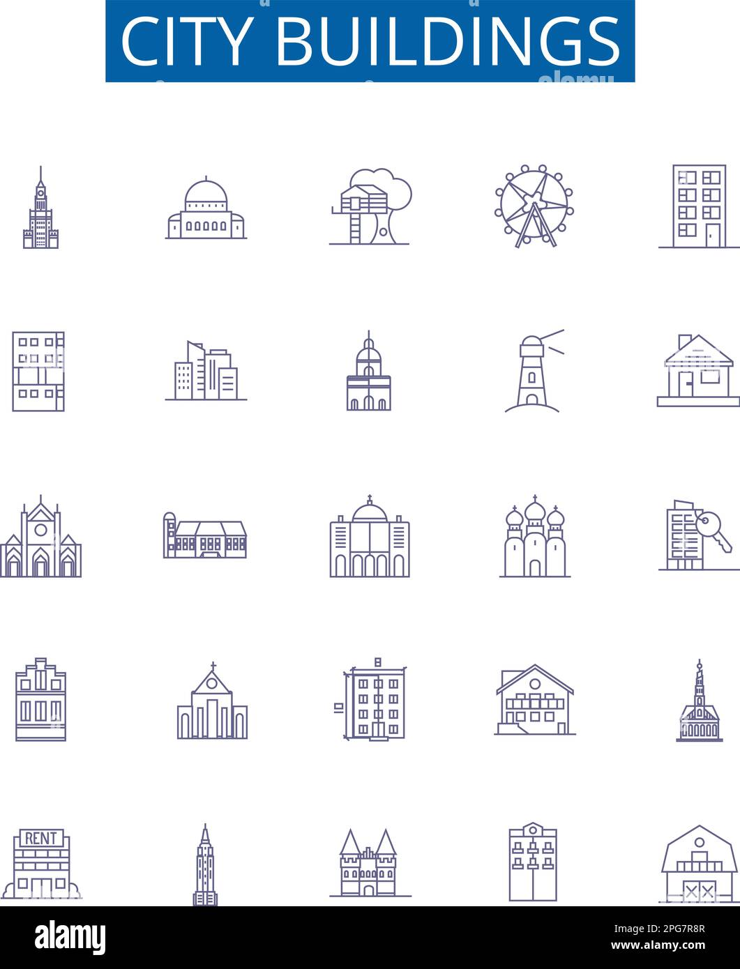 City buildings line icons signs set. Design collection of Skyscrapers, Towers, Complexes ...