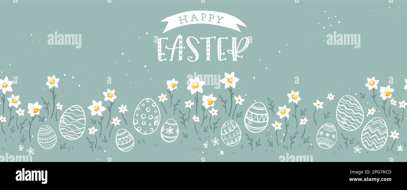 Cute hand drawn easter horizontal seamless pattern with daffodils ...