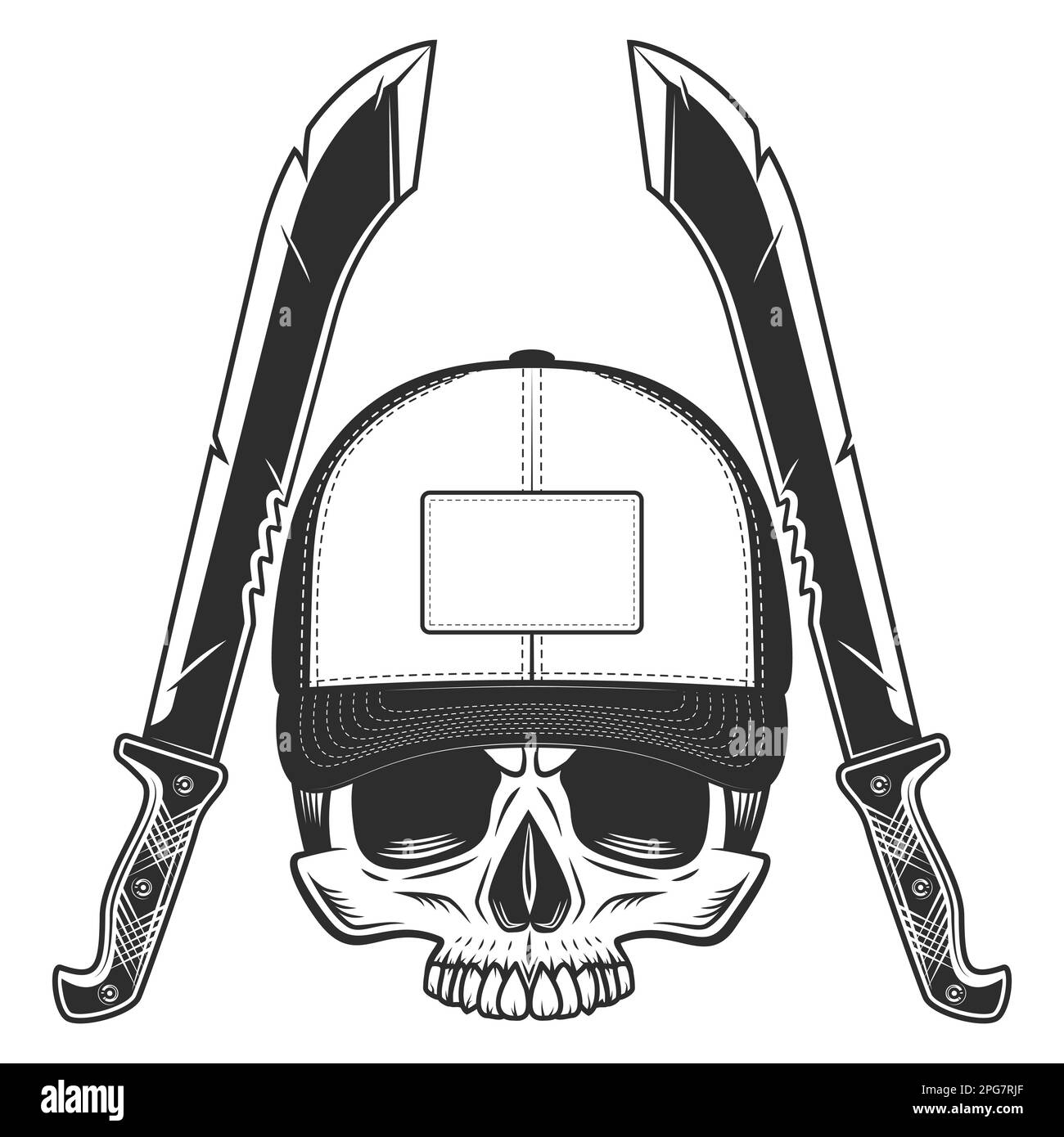 Skull without jaw in baseball cap with machete sharp knife melee weapon ...